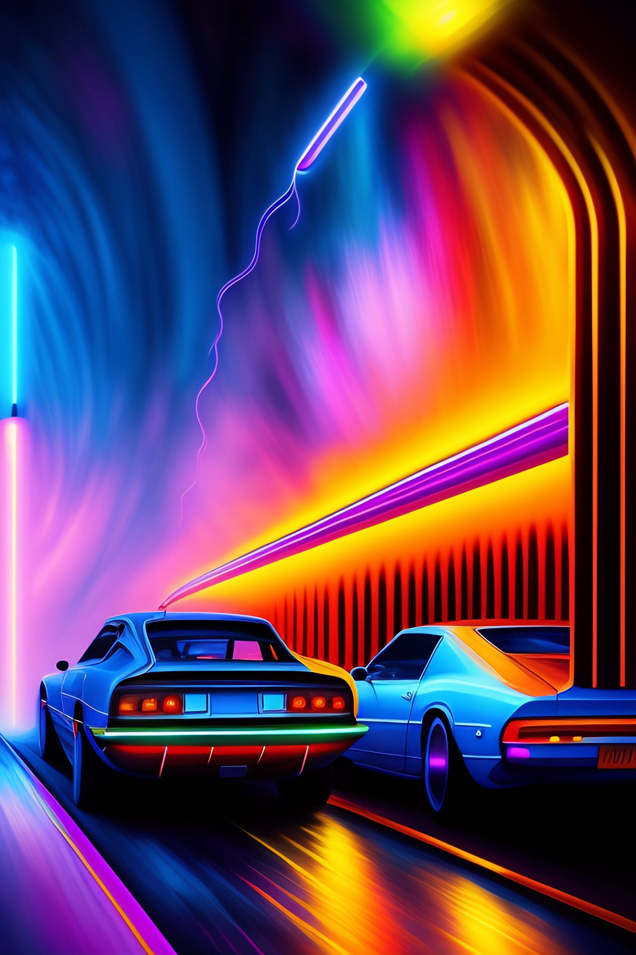 Lexica - Car wash tunnel, water splashes, pop art, party lightning ...