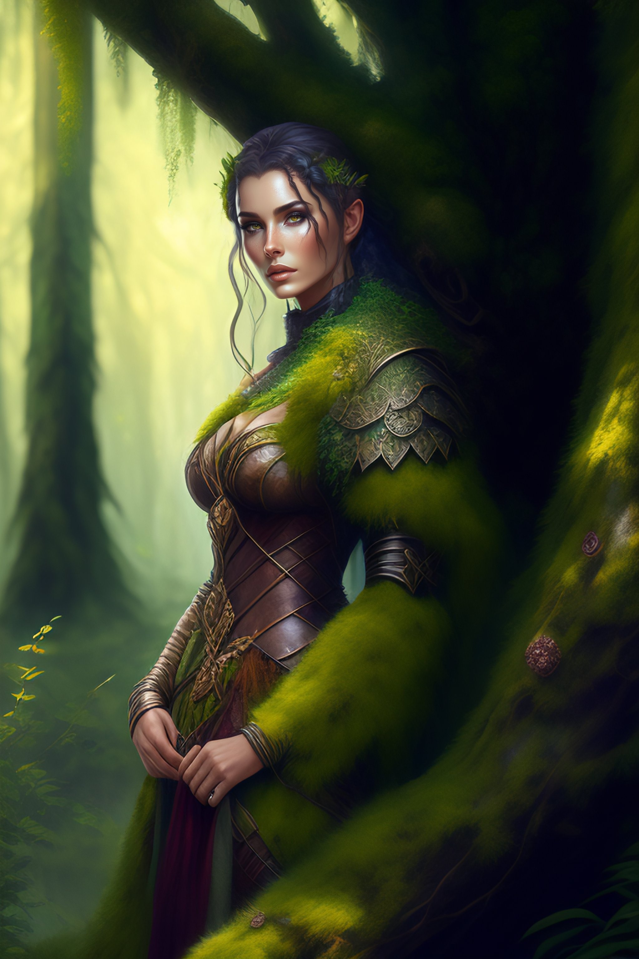 Lexica - Dryad with skin of moss and armor of bark emerging from a tree. d & d fantasy art ...