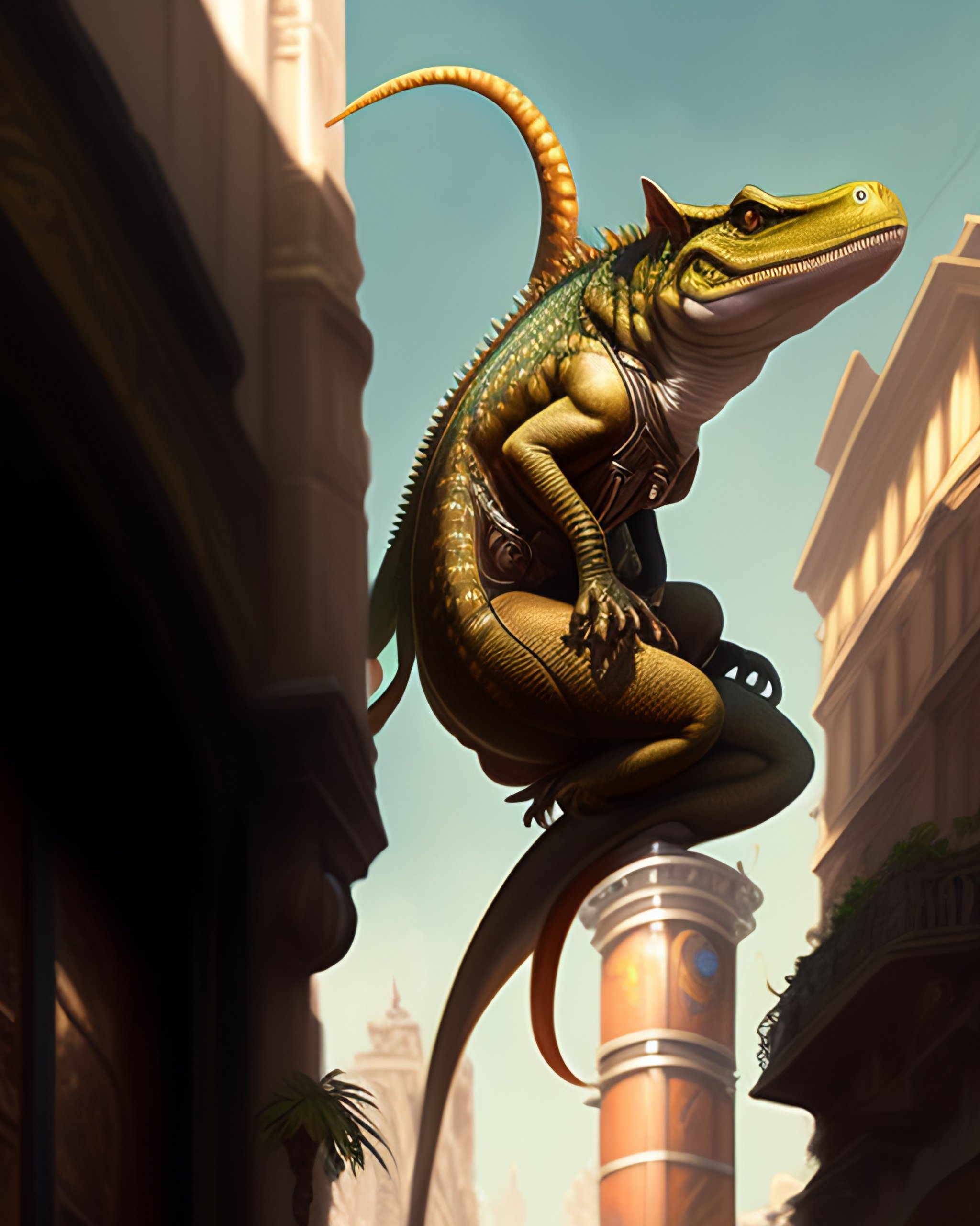 Lexica - Lizardman jumping from steampunk building, highly detailed, digital painting ...