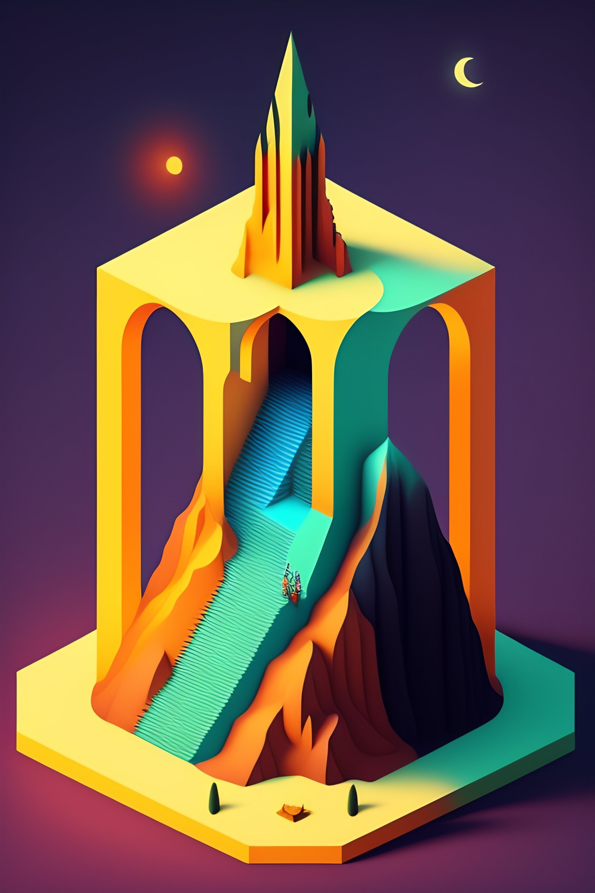 Lexica - Detailed isometric monument valley poster, day and night