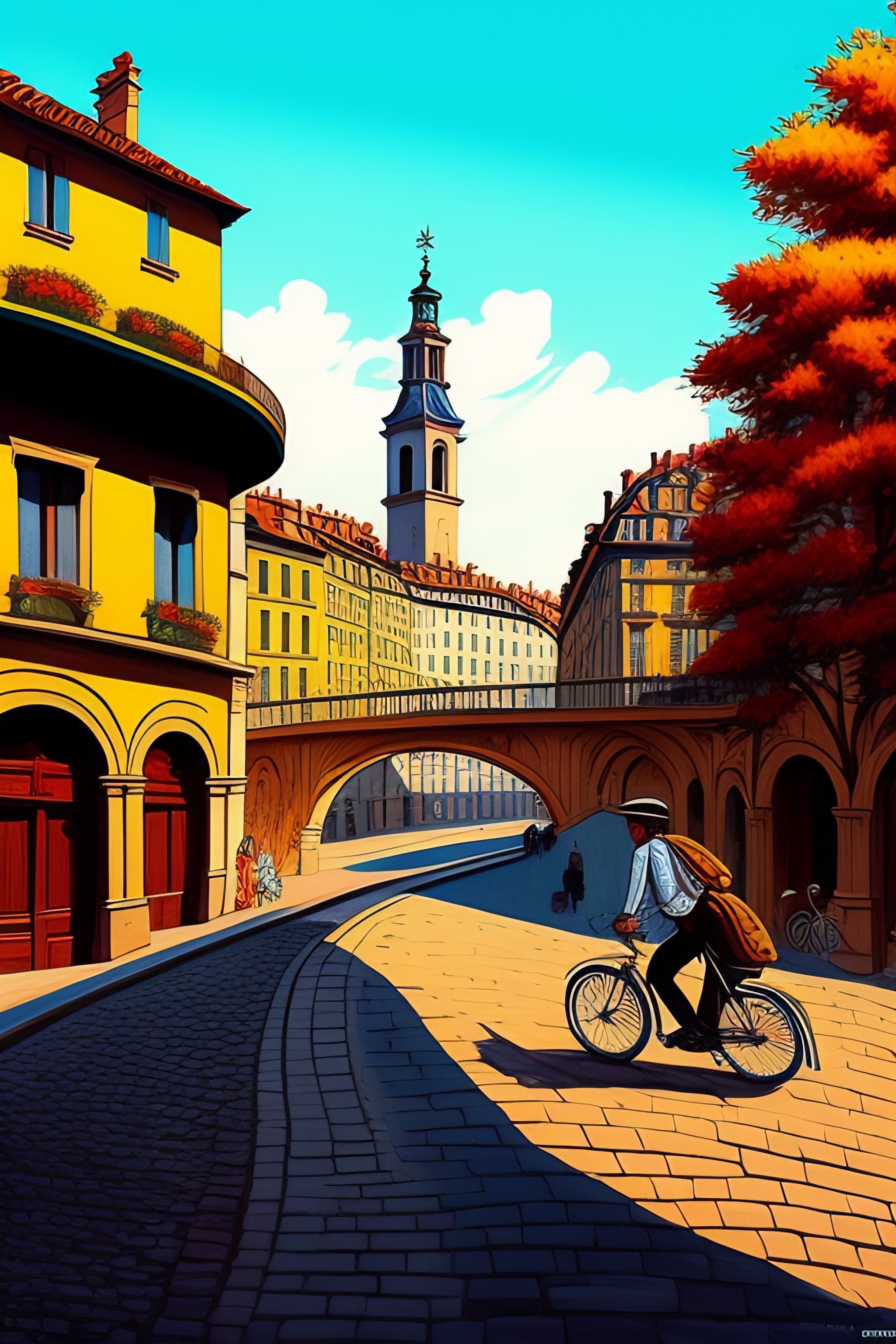 Lexica - A european who travels by bike at Lyon, France, detailed, wide ...