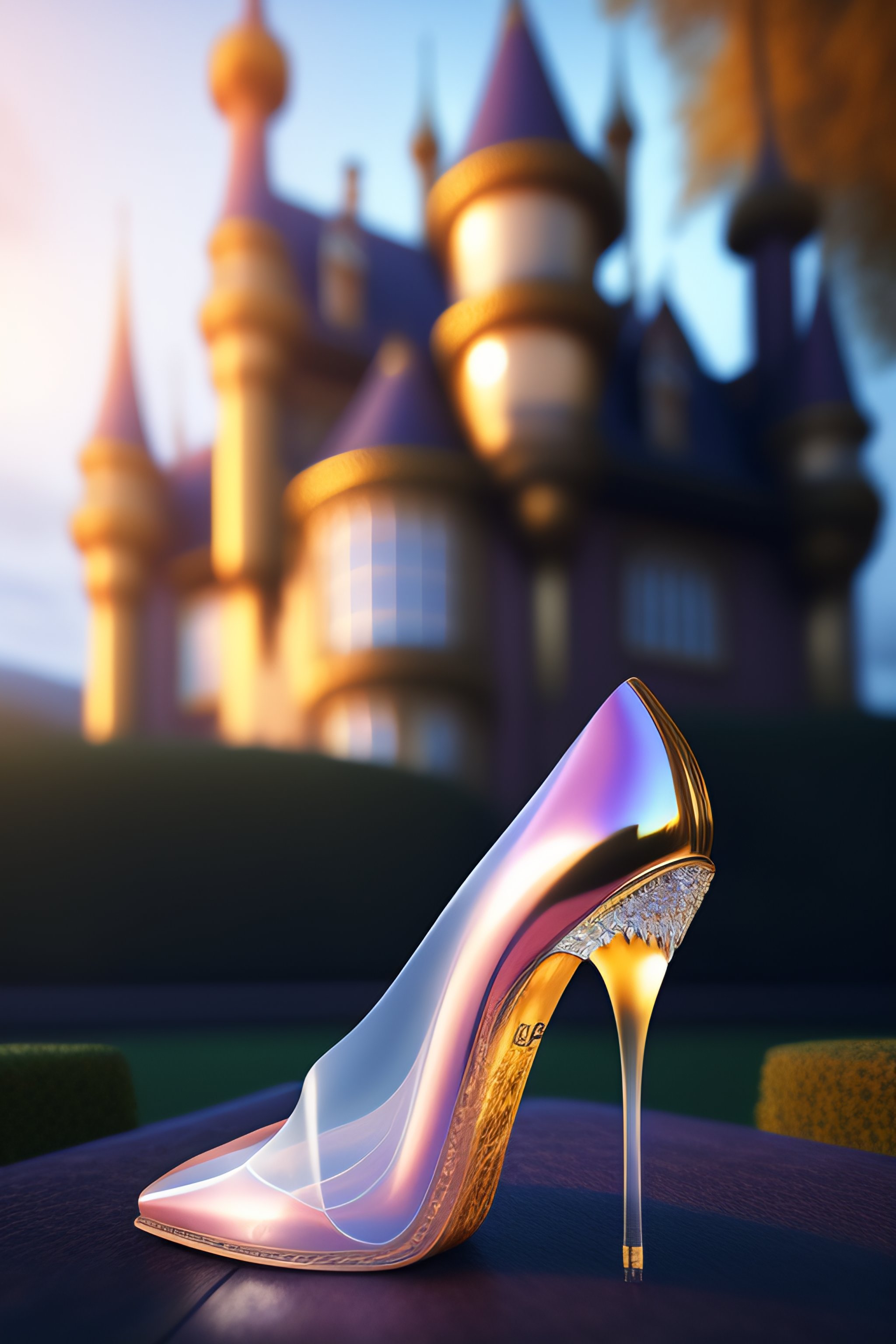 Lexica - Shiny clear high heel shoe in front of a castle, dark fantasy ...