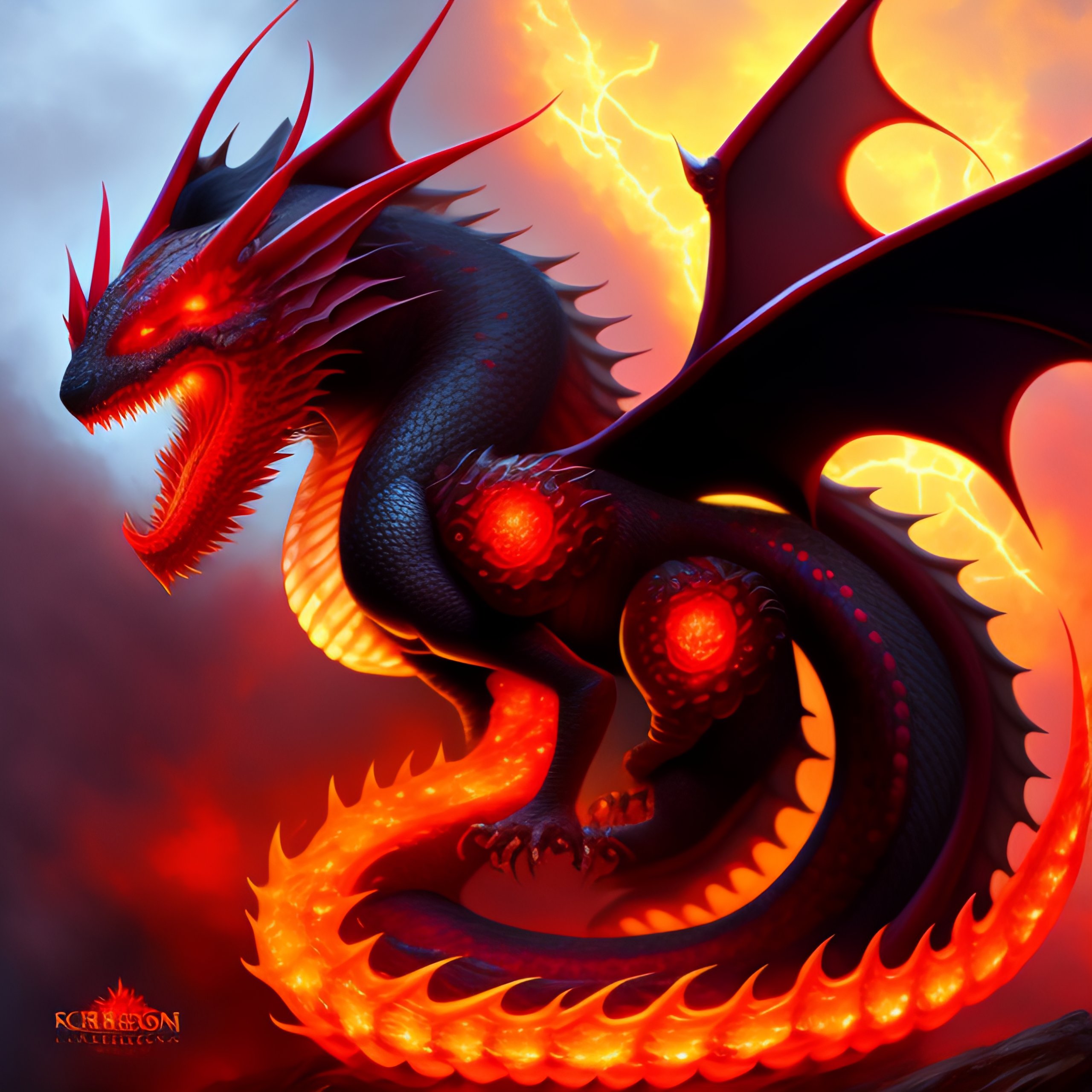 Lexica Fearsome Black Dragon Intricate Scales Glowing Red Eyes