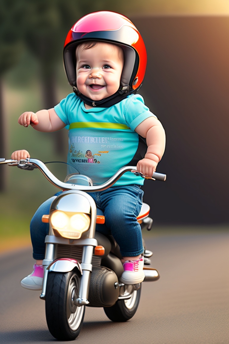 Lexica - A smiling 12-month-old baby girl, wearing a helmet, riding a ...
