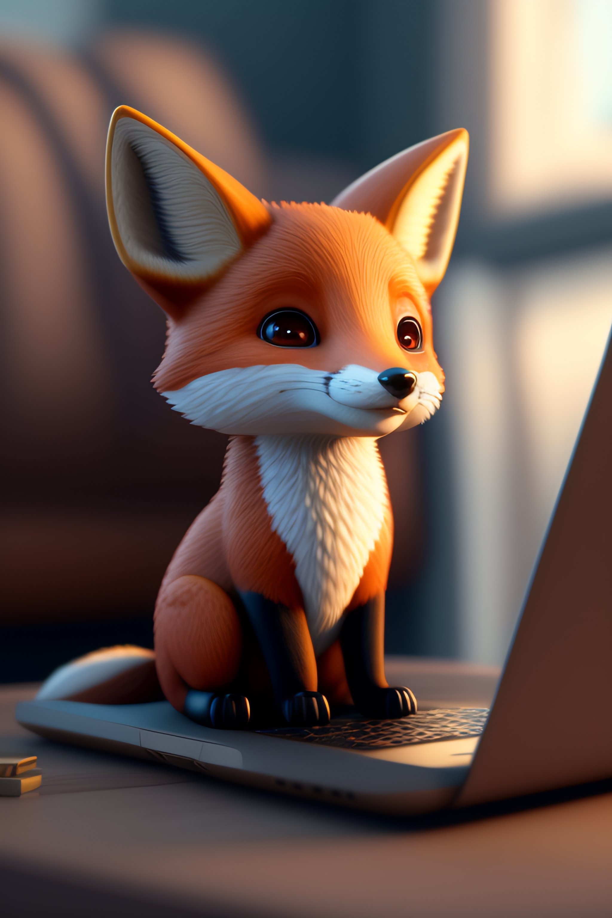Lexica - Cute small humanoid fox sitting in front of laptop, unreal ...
