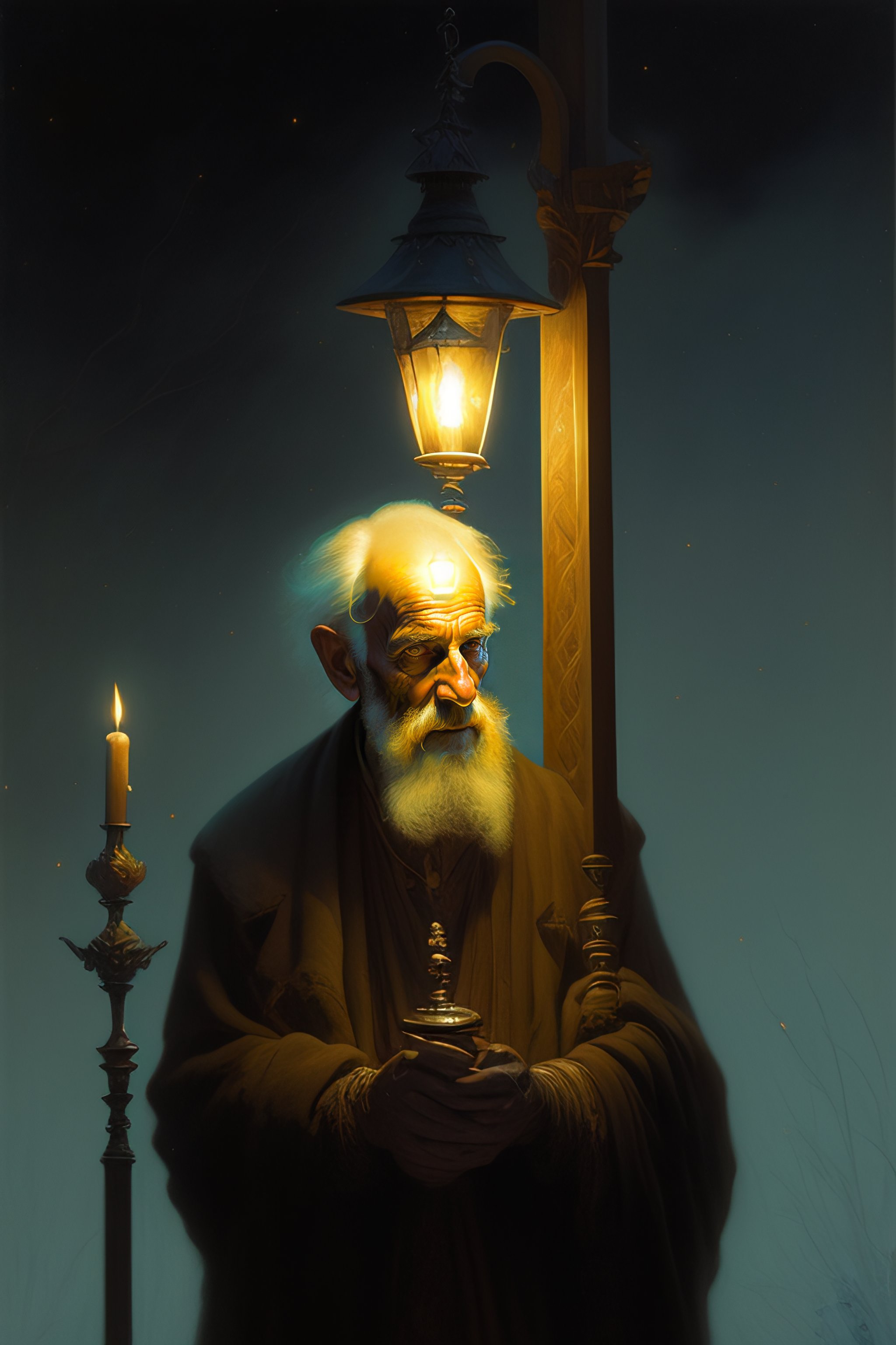 Lexica - An old decayed hermit holding a lamp in the dark foggy night ...