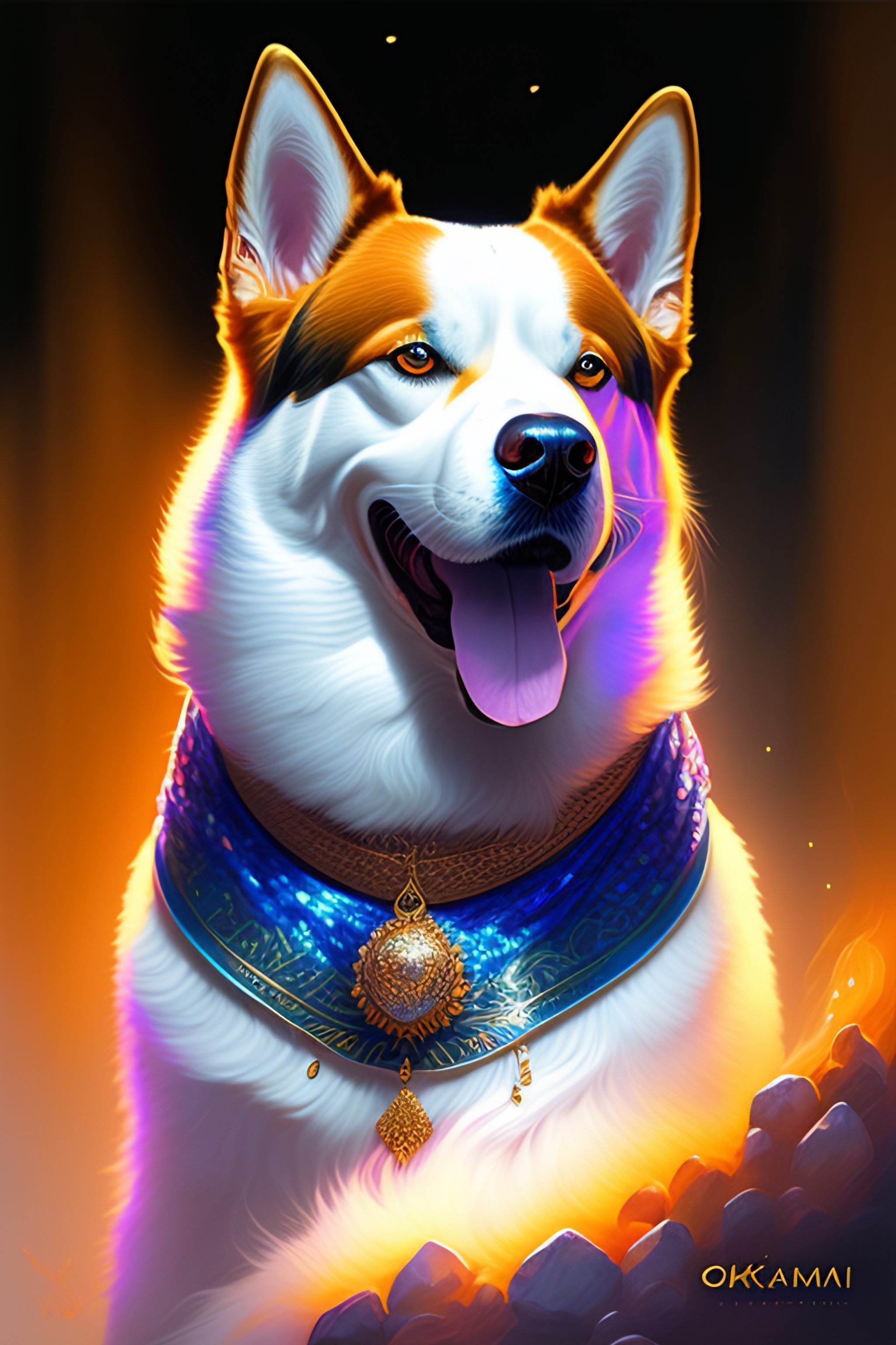 Lexica - Super rich happy Okami dog. luxury, blue crystals, greg rutkowski