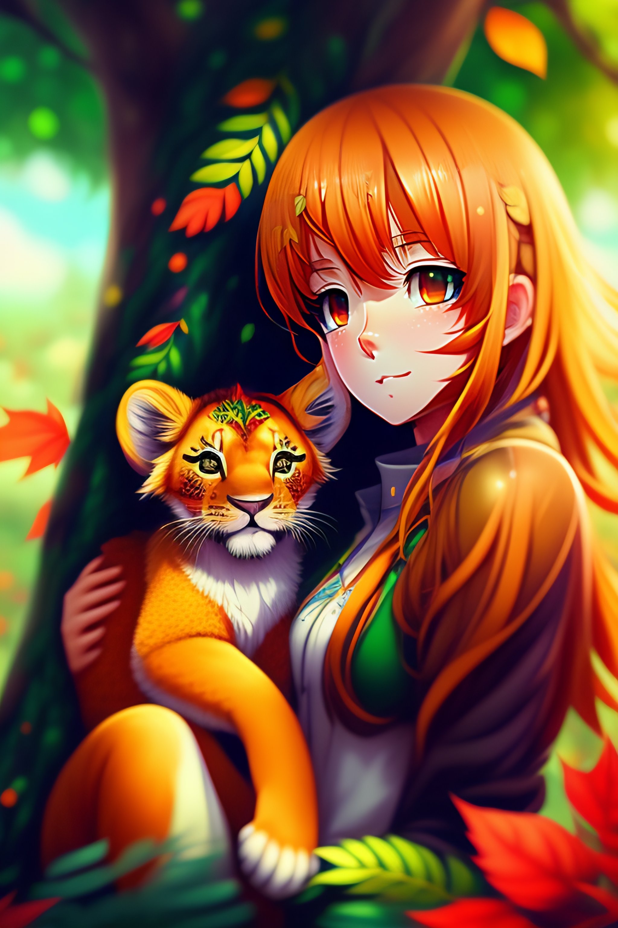 Lexica - A colourful vibrant full frame photo of a tree, an anime girl ...
