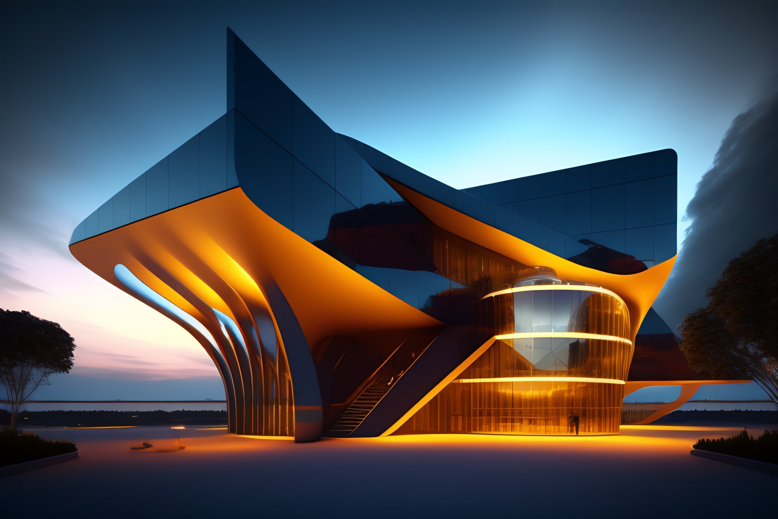 Lexica - Wide angle view of the exterior of a futuristic museum ...