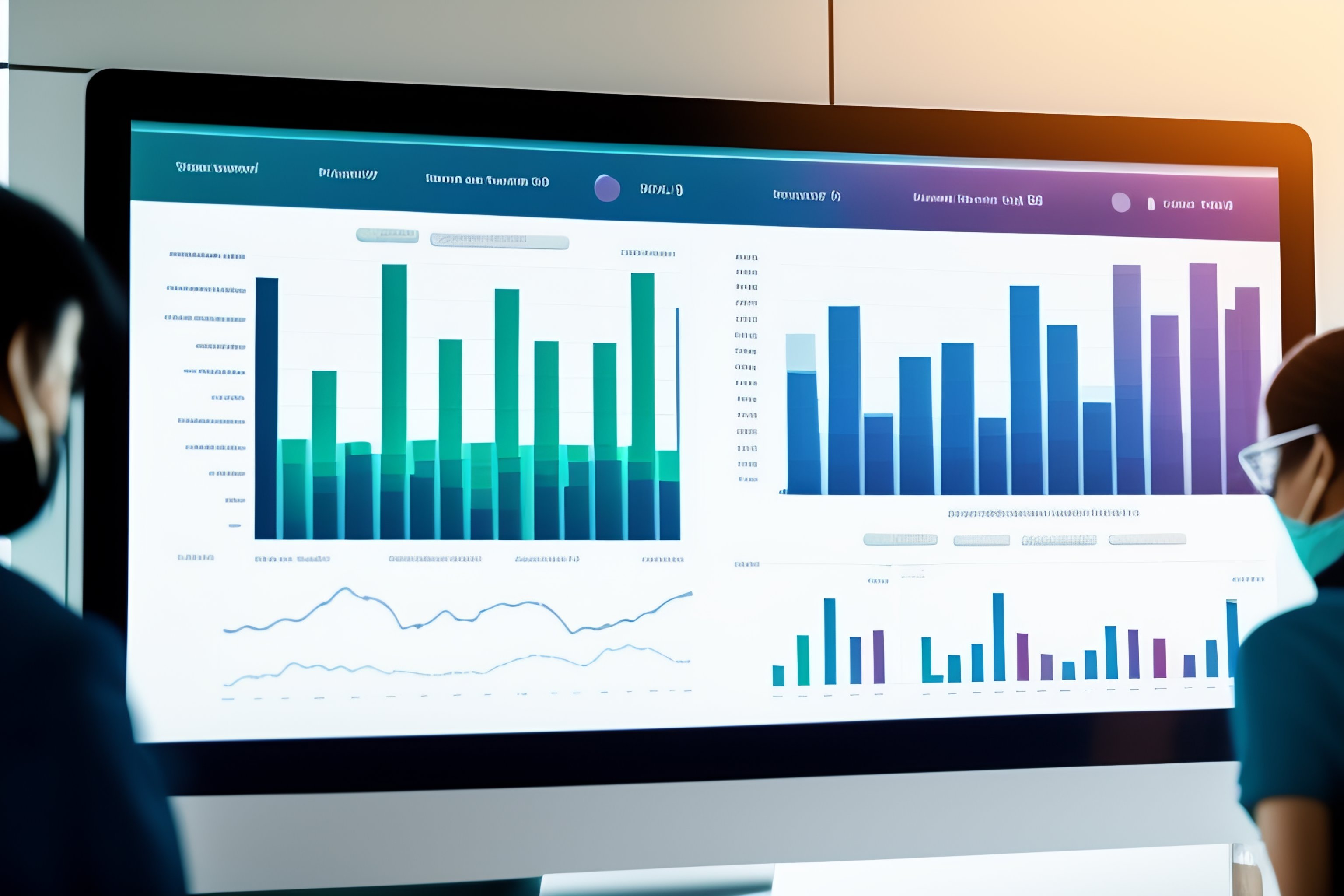 Lexica - Two scientists looking at a data dashboard with multiple meters, graphs and charts in a ...