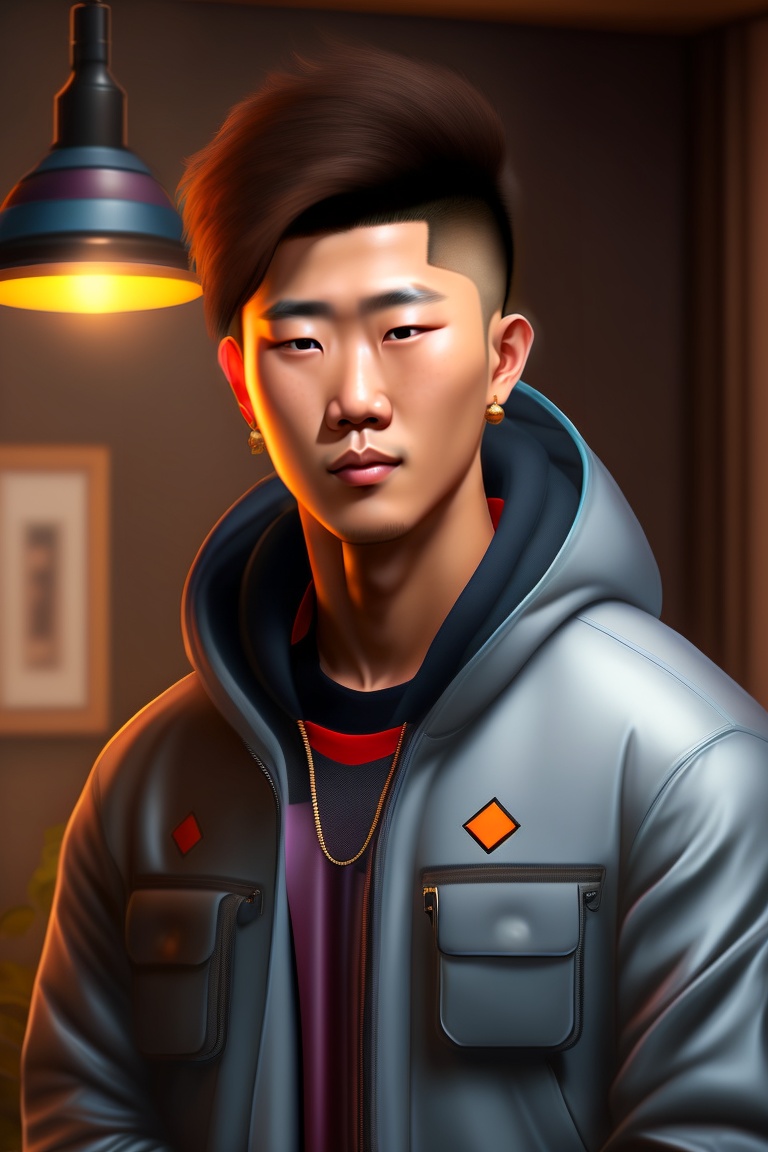 Lexica - Realistic portrait, asian dude, rapper, comfortable environment