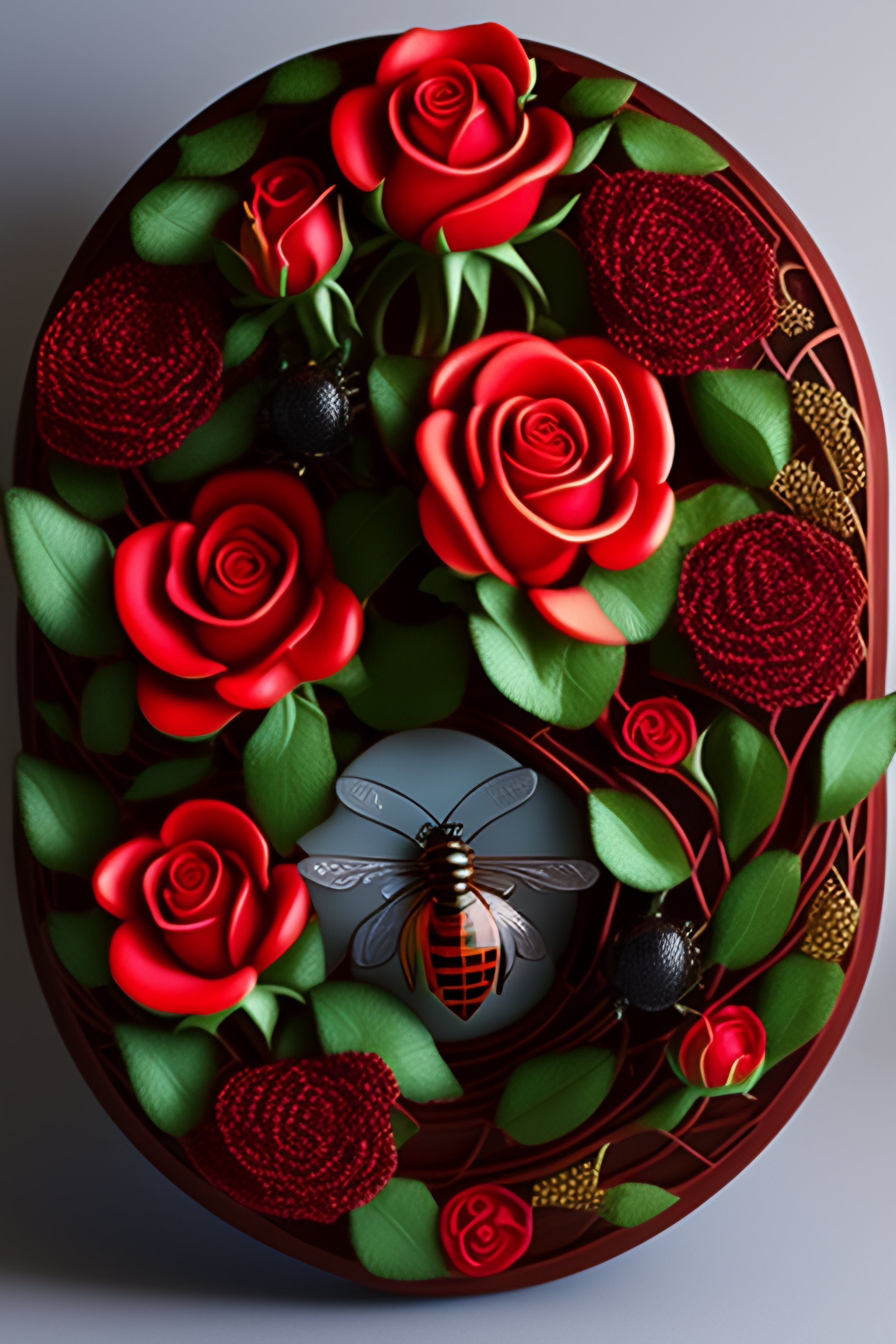 Lexica - Red roses surronded by circular arrangment of leaves, ladybird ...