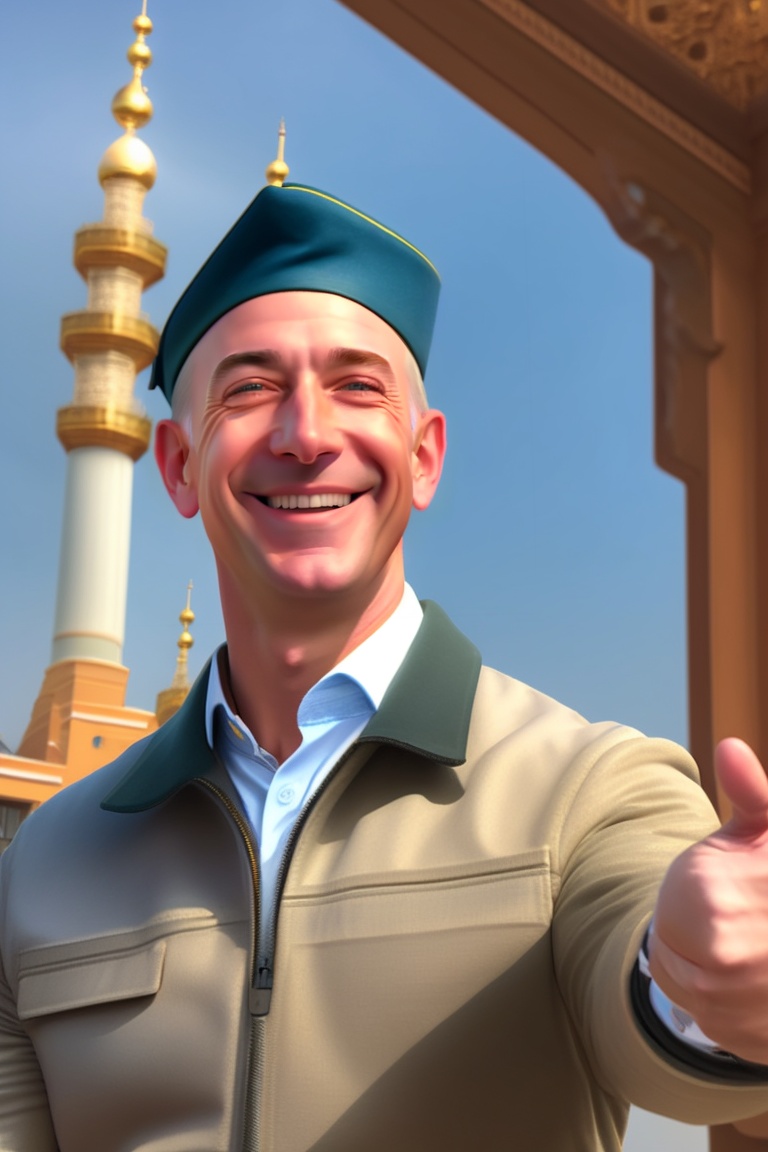 Lexica - Jeff Bezos smiling pointing his finger to the sky wearing ...