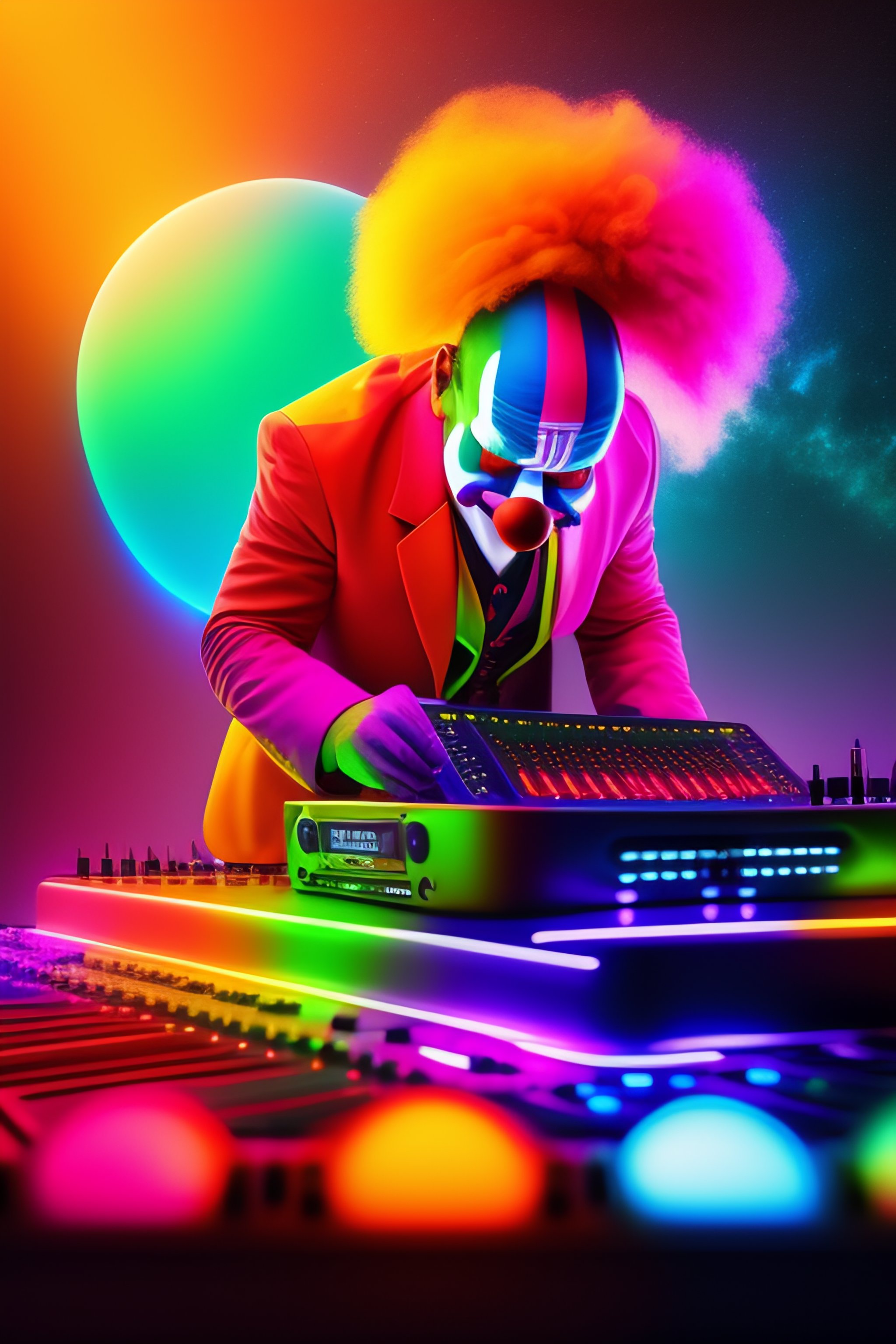 Lexica - An clown playing with a dj console, on the planet mars, neon ...