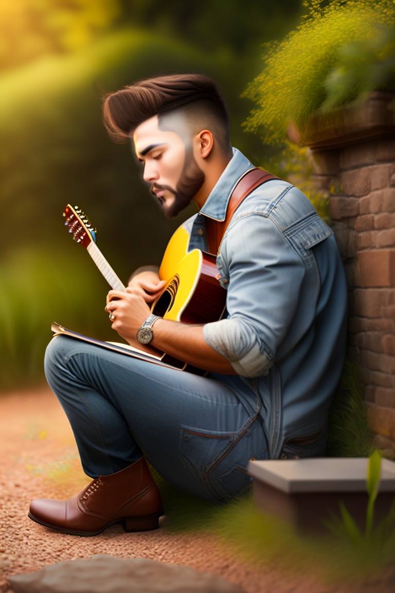 Lexica - Song writer sitting in a garden writing a song, guitar lying ...