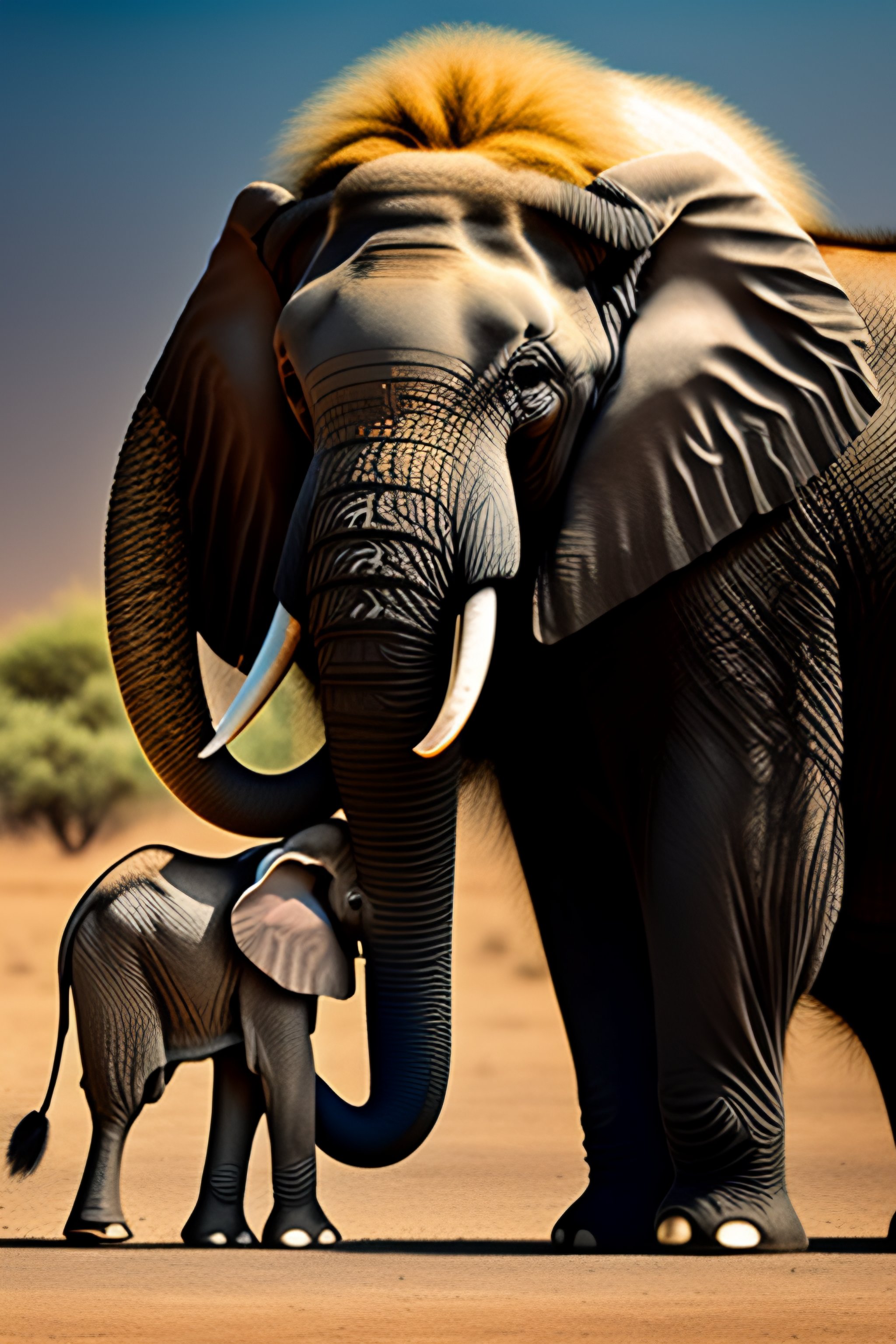 Lexica - An elephant with long hair hugs a lion