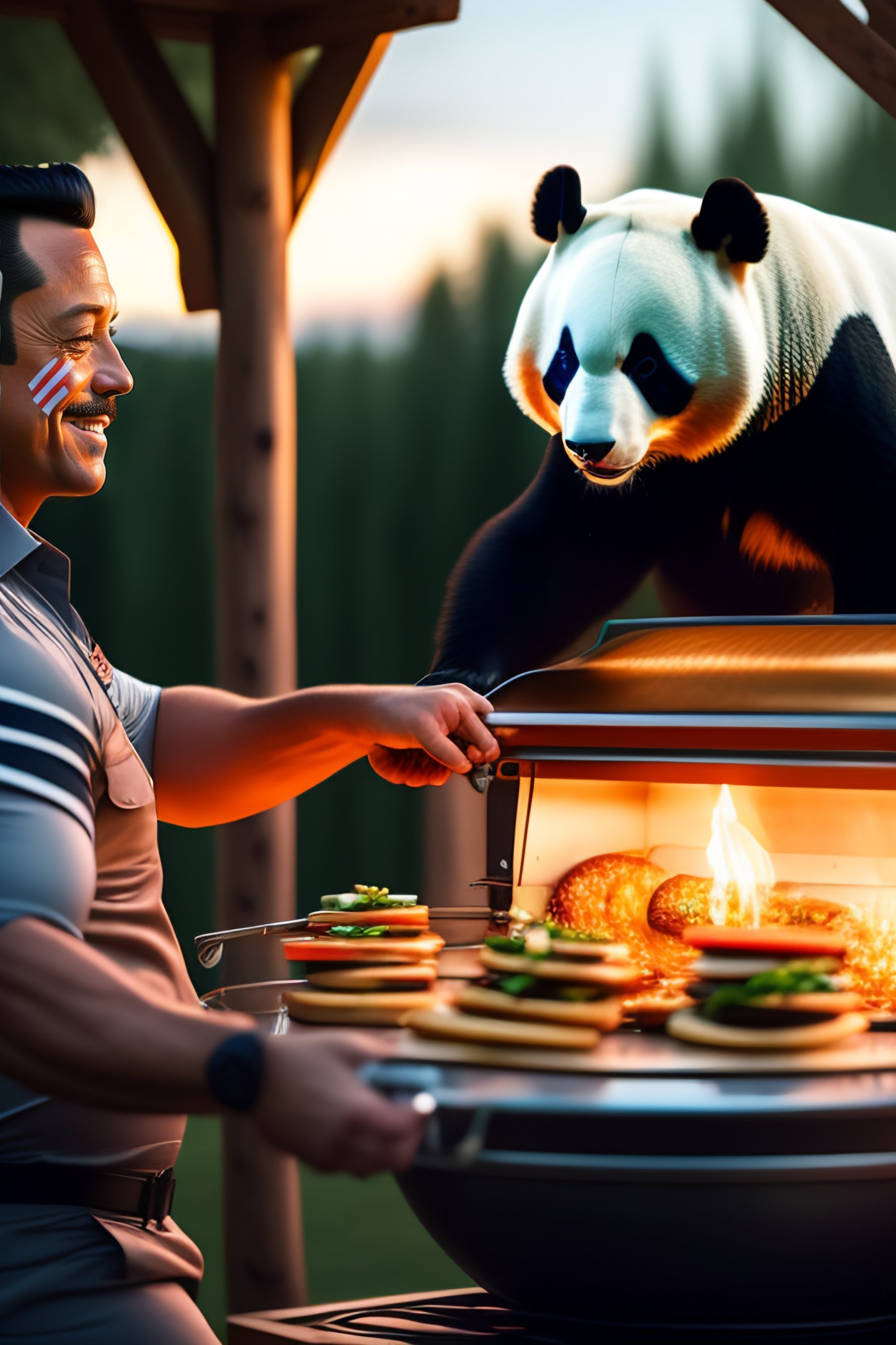 Lexica - Jordan Belfort cooking burgers on a barbecue in his backyard while a Panda is drinking ...