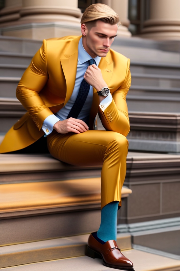 Lexica - A blonde male lawyer in suit and tie seating on the steps of ...