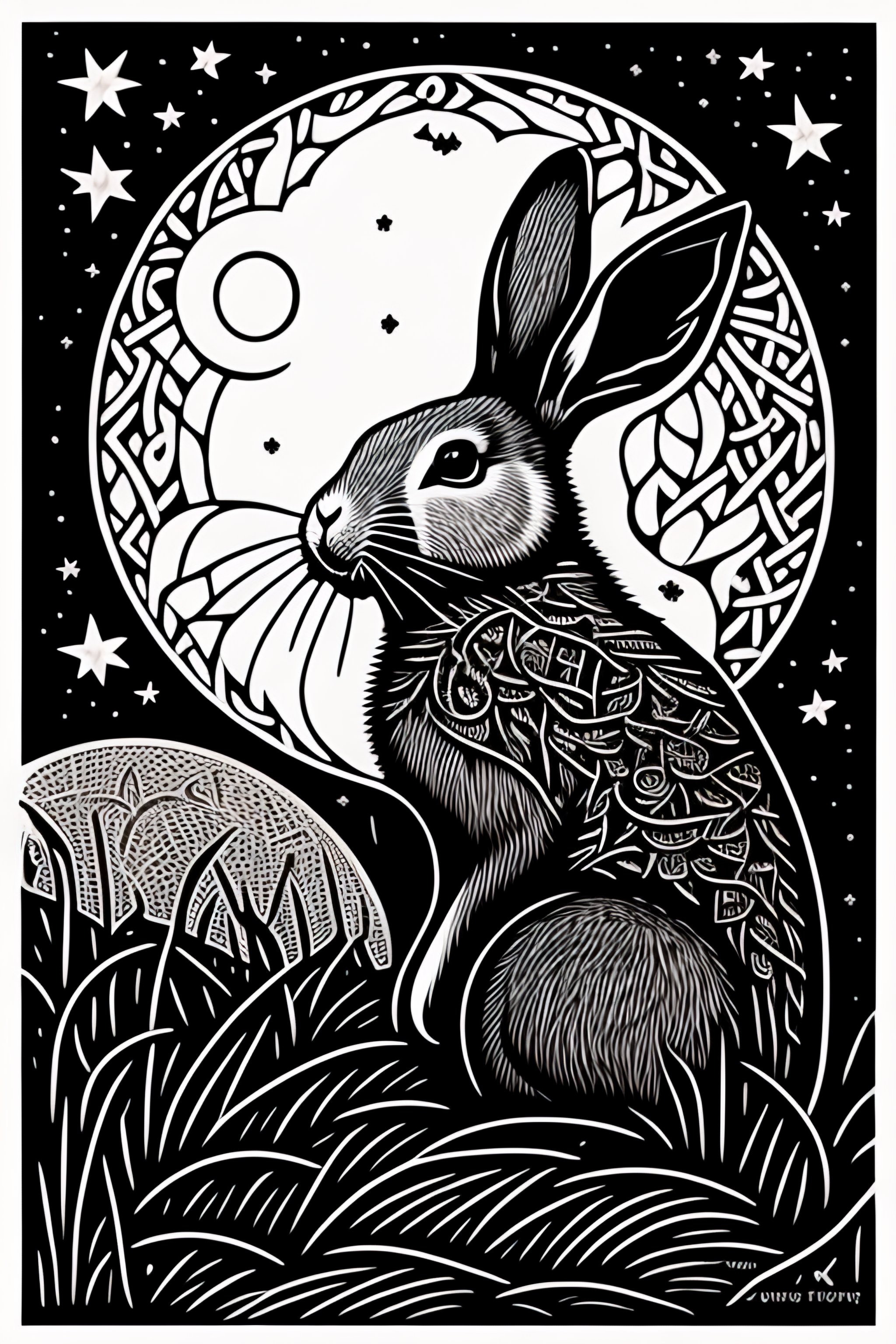 Lexica - Linocut of rabbit in the moon, Viking-style, award winning
