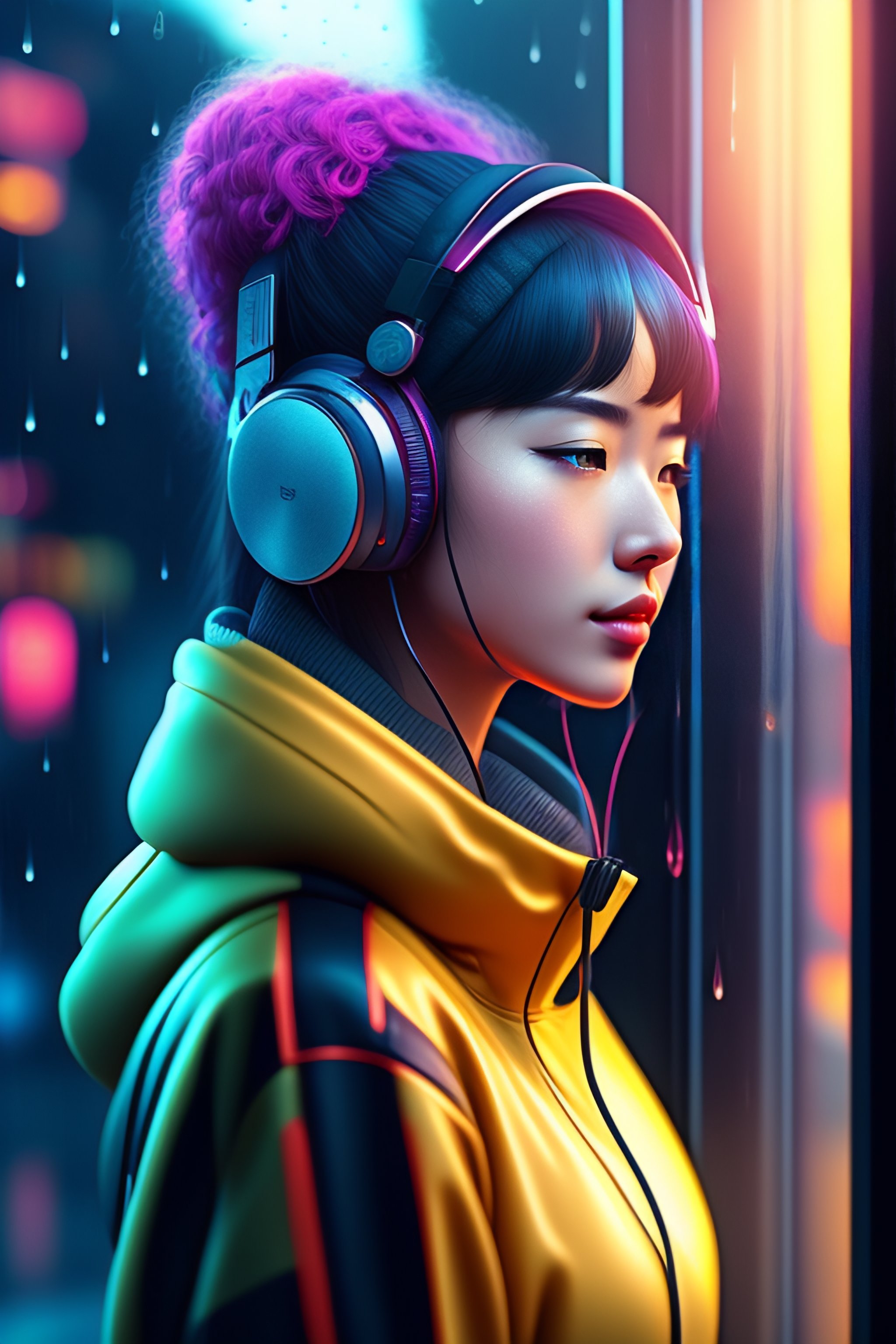 Lexica - A lofi girl with headphones is looking at a rainy window in ...