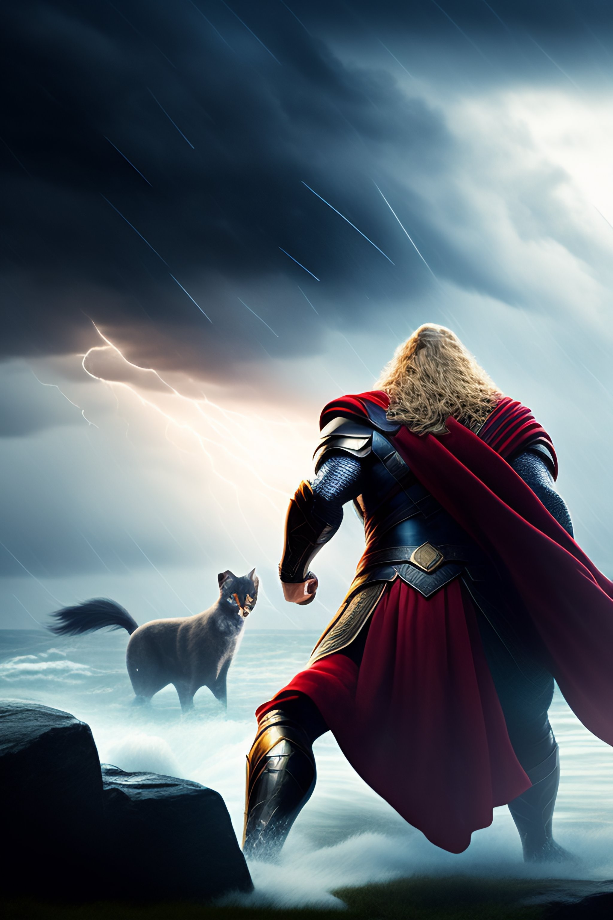 Lexica - Thor battling Odin in Asgard, thunder and heavy rain in background