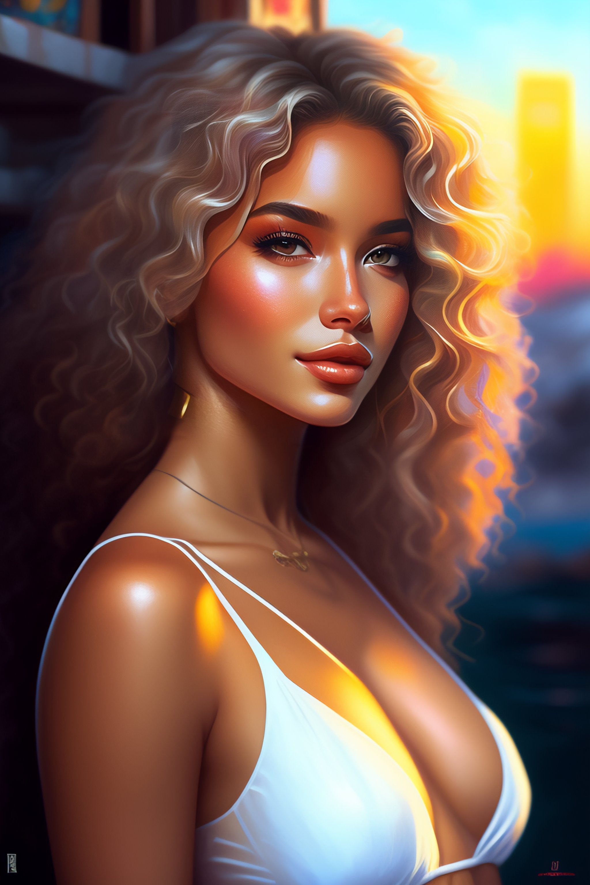 Lexica - Elegant brazilian twin woman blonde curly hair wearing bikini in favela do brazil, cute ...