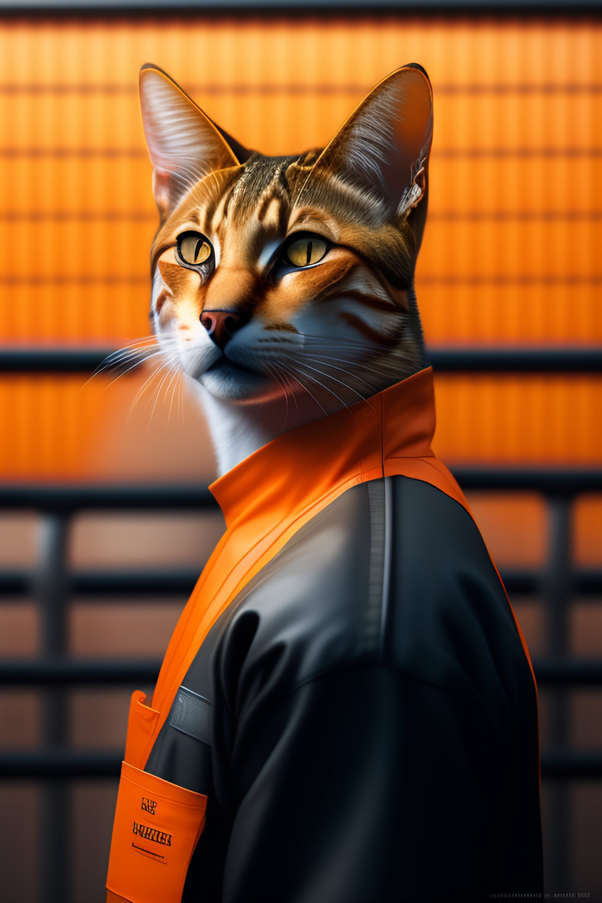 Lexica - Mugshot of a tabby cat headed man wearing orange prison inmate ...