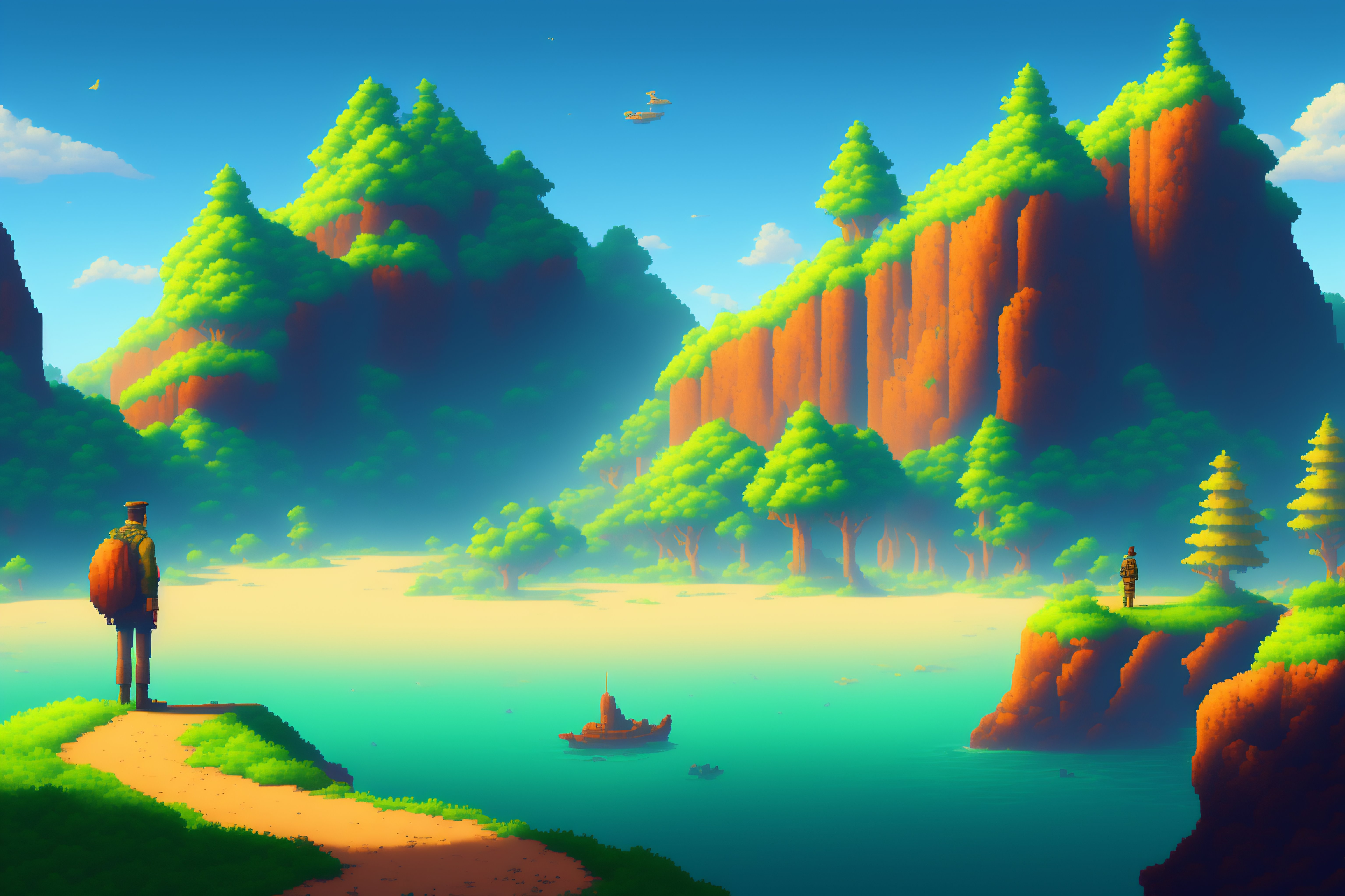 Lexica - Pixel art, lead charecter looking at the path ahed of him, uhd