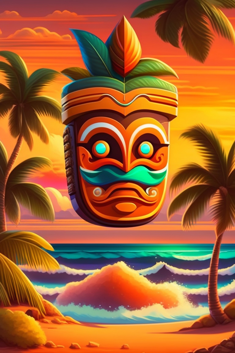 Lexica - Tiki mask on the beach, sunset, 50s cartoonish style, music ...