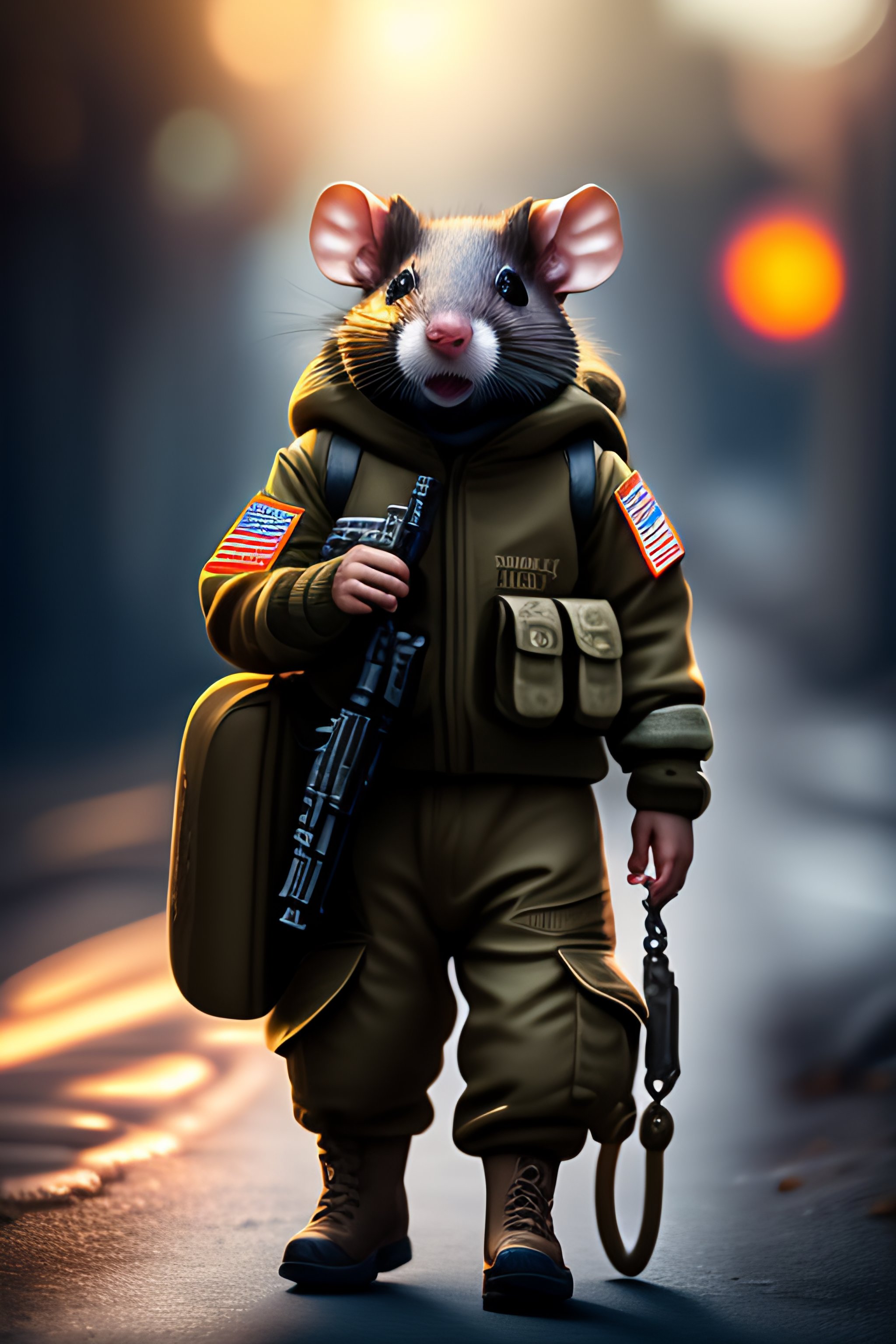 Lexica - A military rat with a machine gun walking with a baby by an ...