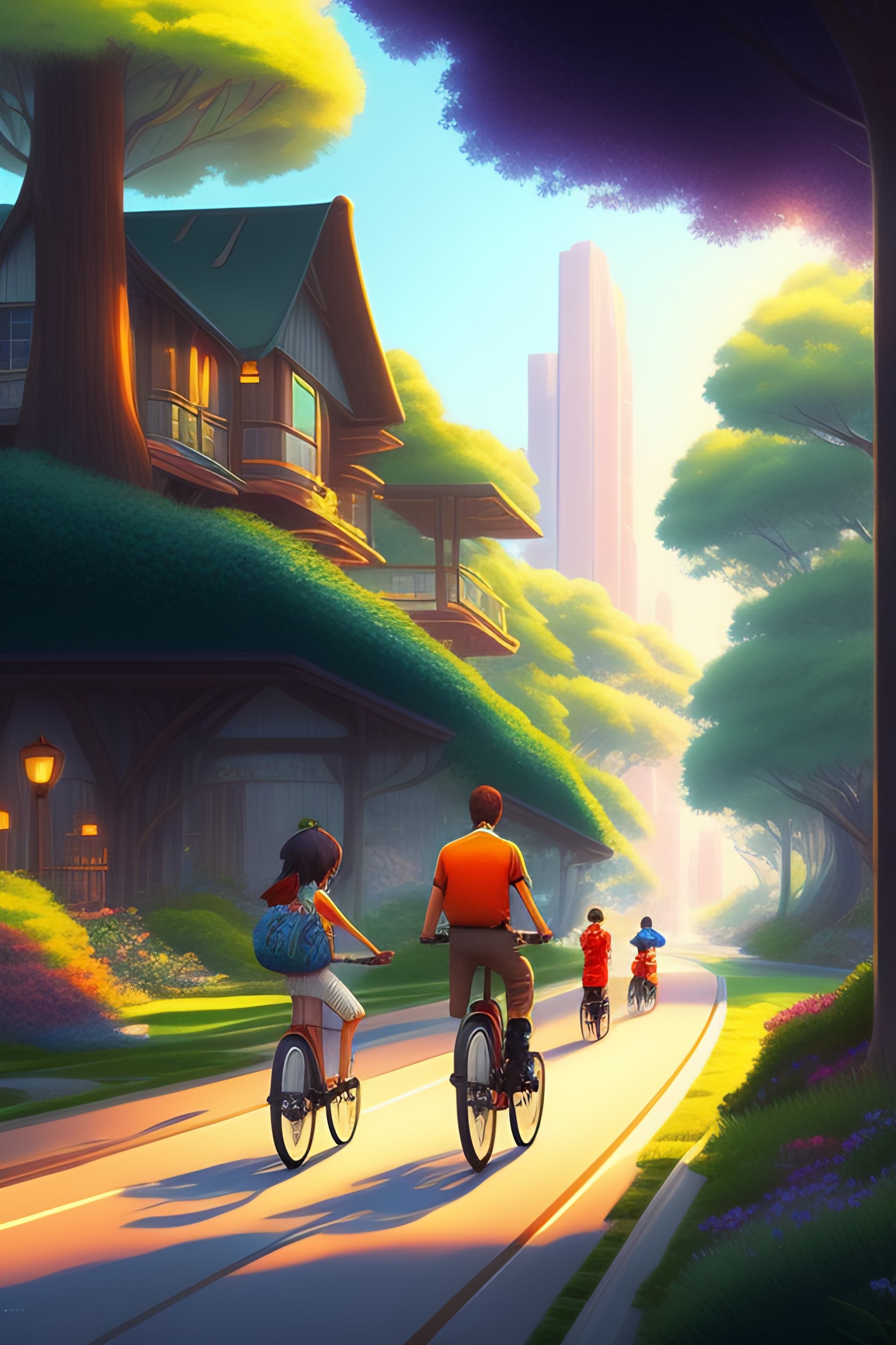 Lexica - Family riding bicycles on a stunning urban city residential street, solar, lush, forest ...