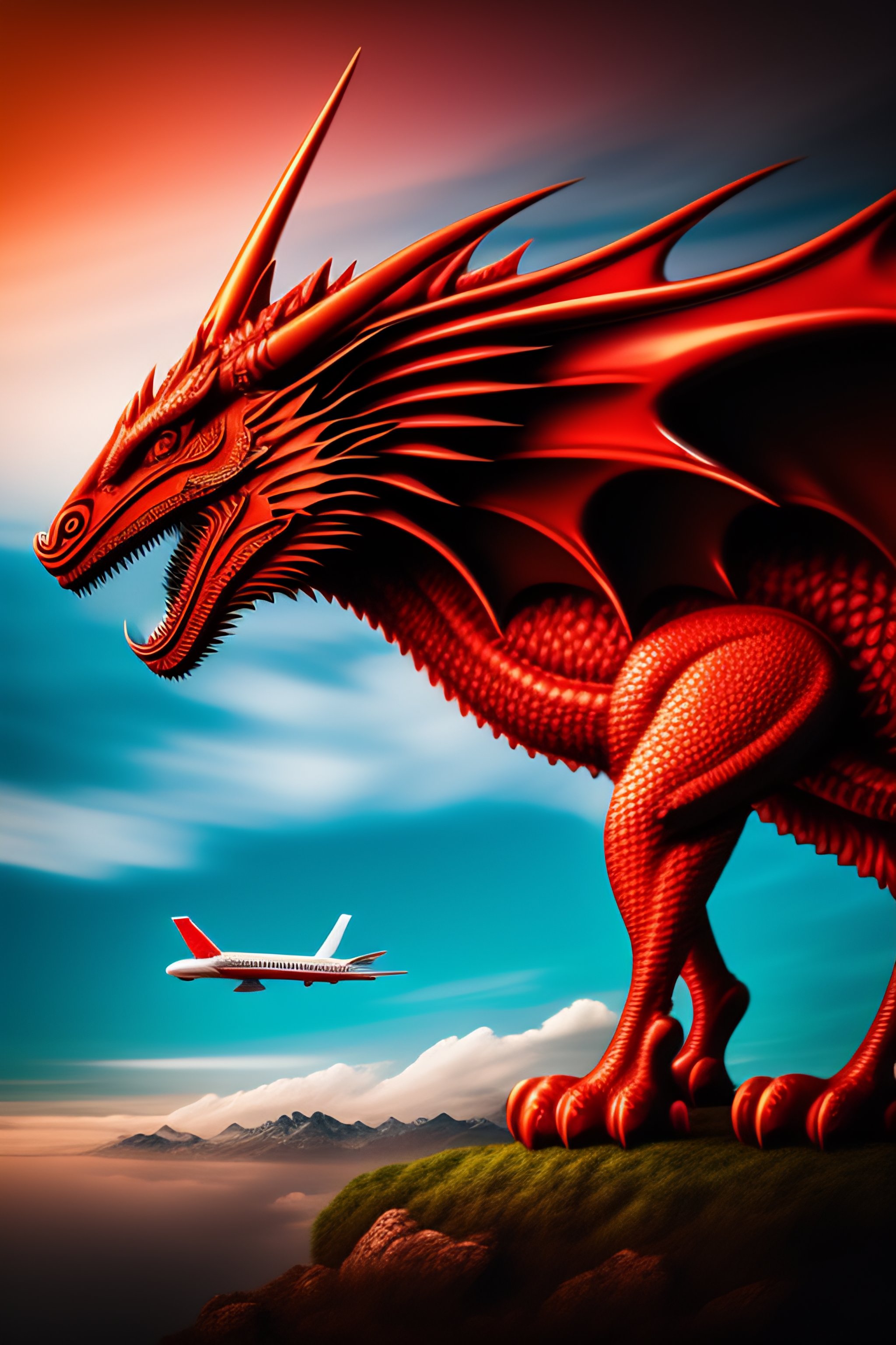 Lexica - A red dragon seeing an airplane in a mosaic