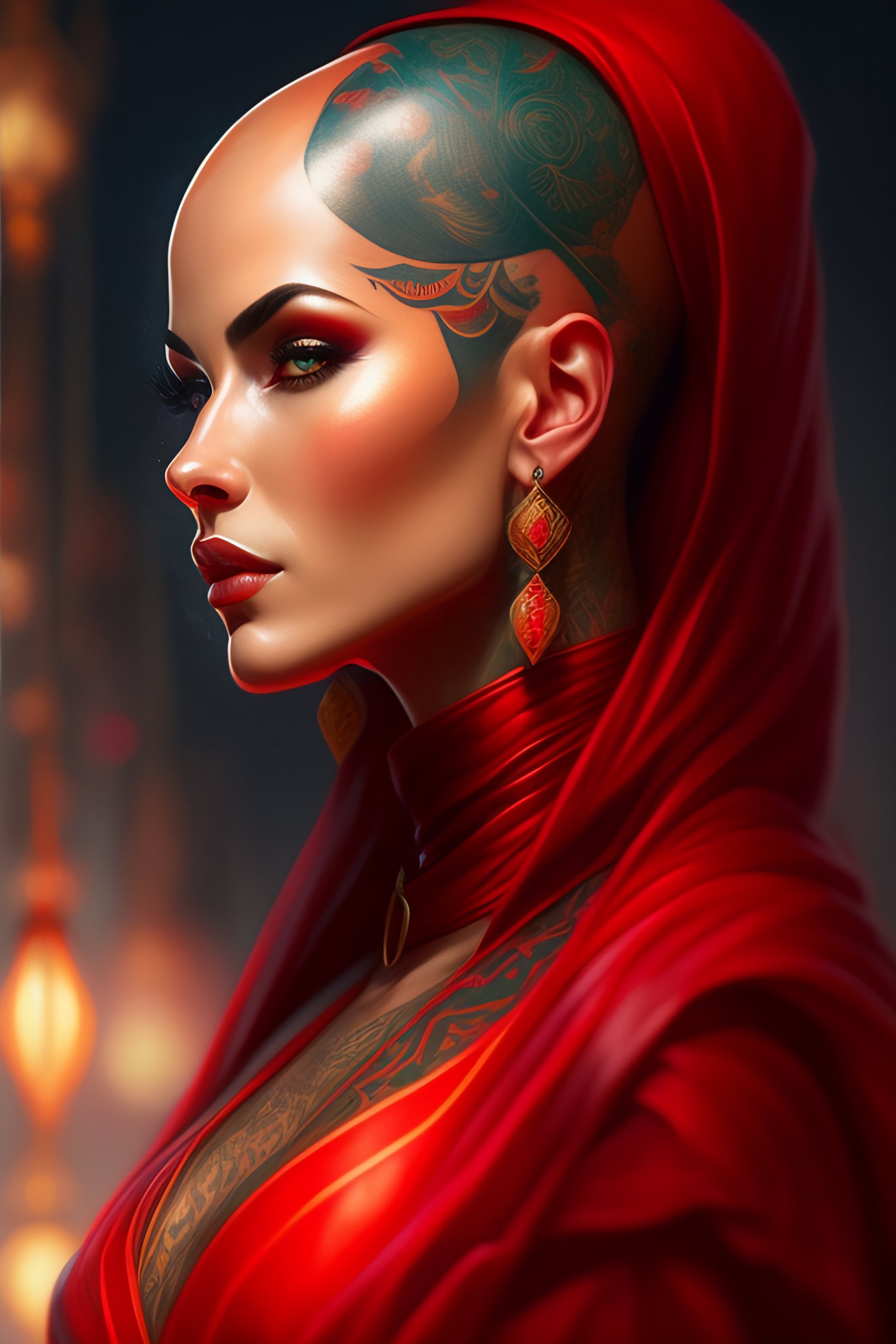 Lexica - Woman with bald tattooed head, red clothing, wizard, mage ...