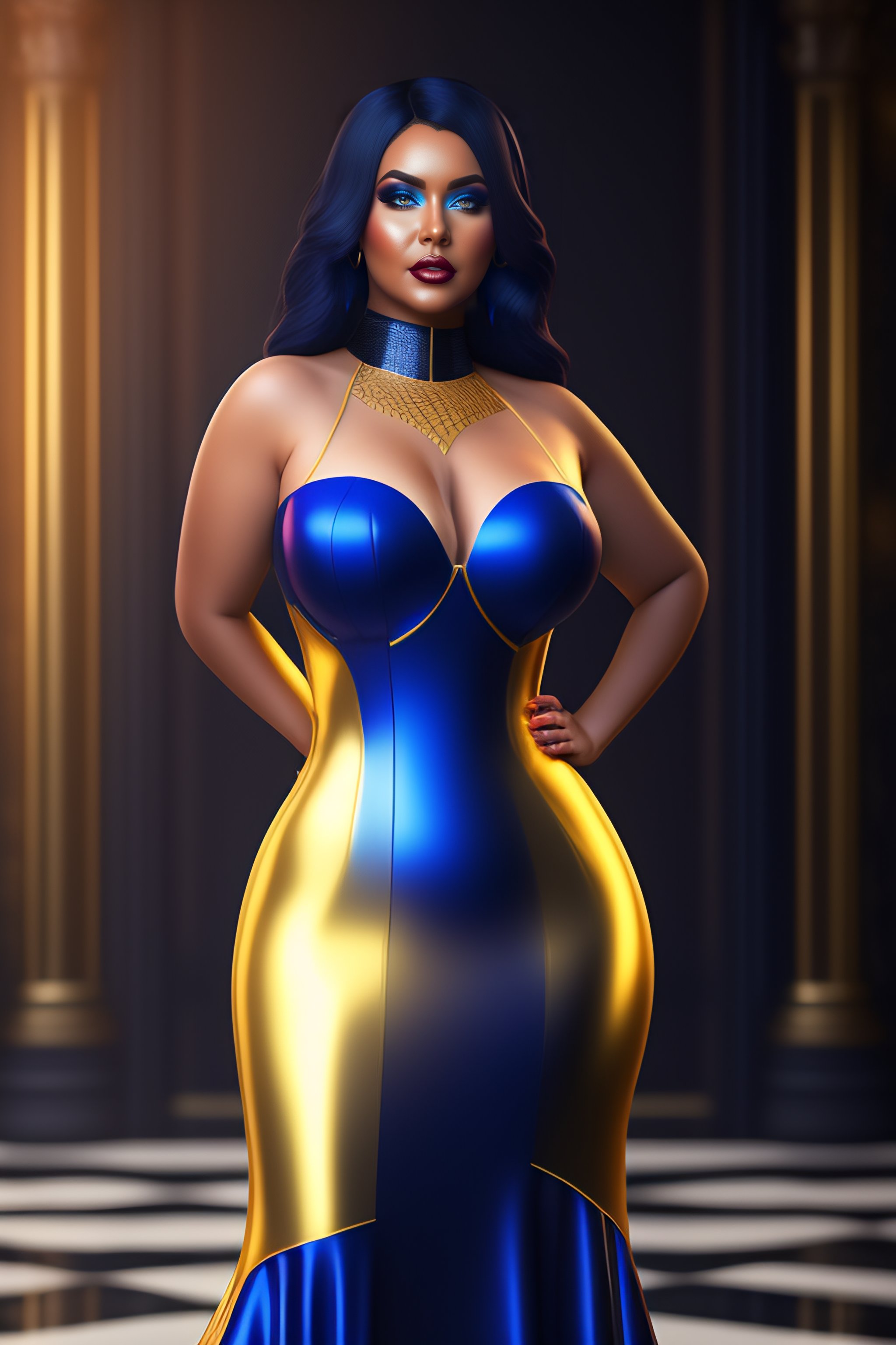 Lexica - Plus size feminine hot goth cutie in a sublime elegant polished blue-gold latex neck ...