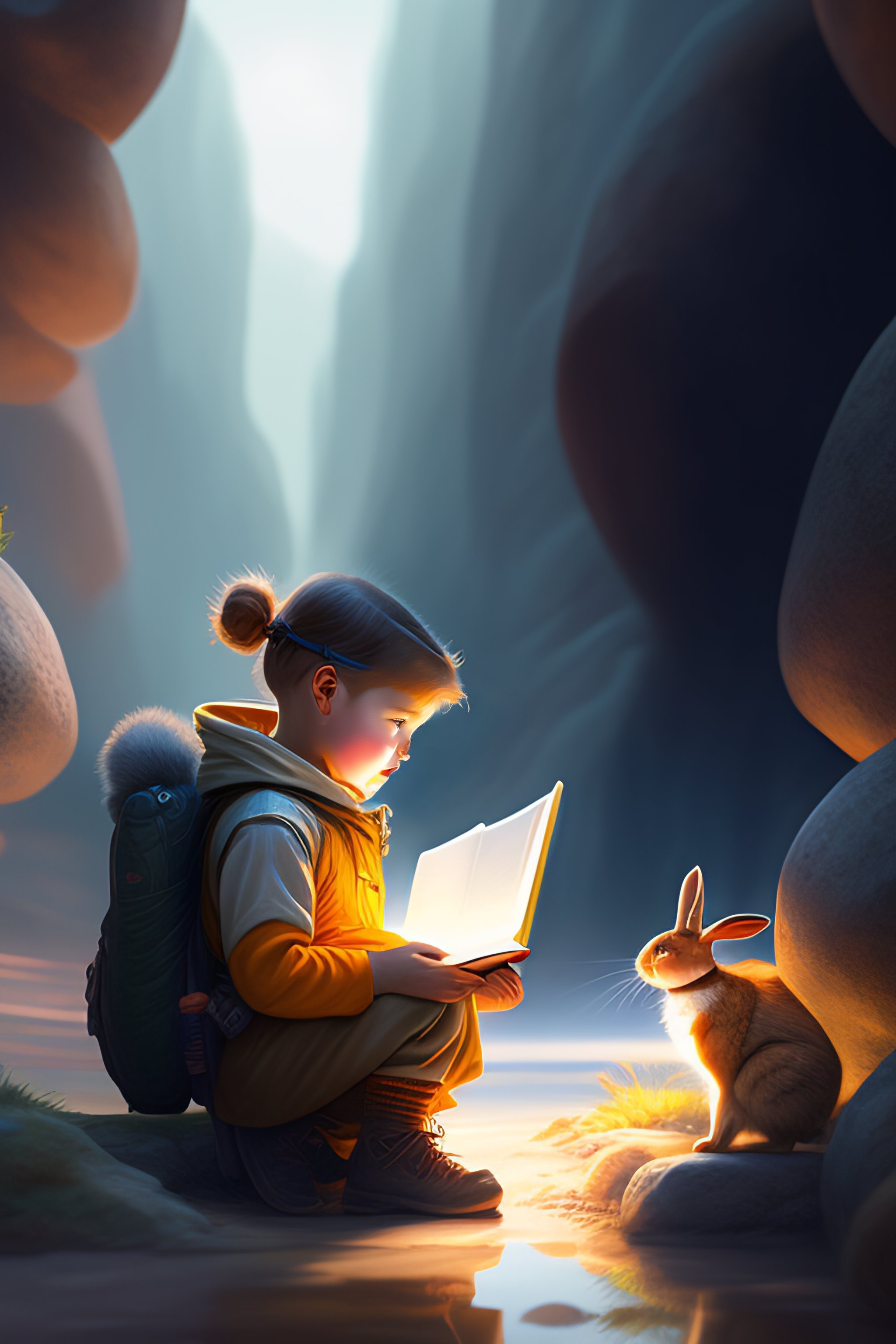 Lexica - Child reading book to a rabbit, screaming at the camera, epic ...