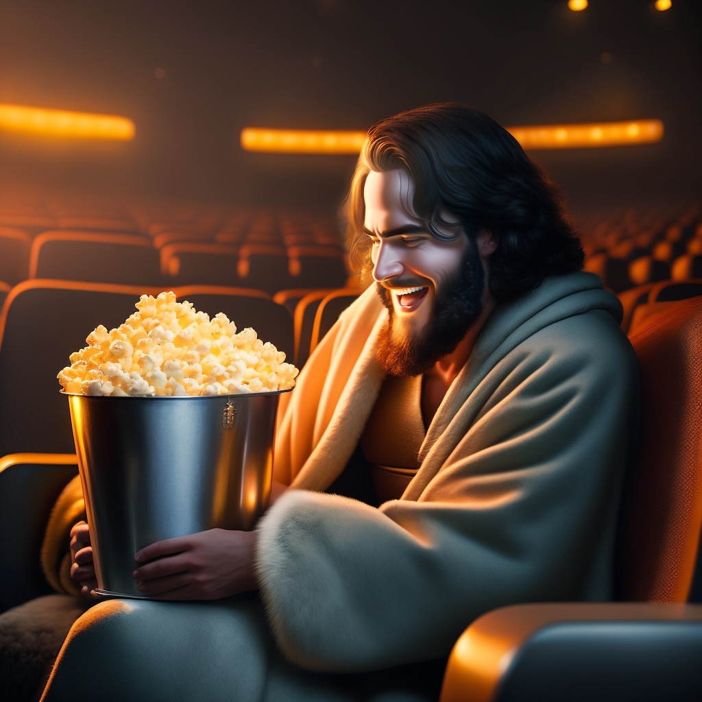 Lexica - Jesus, in a robe, front row in an empty dark movie theater ...
