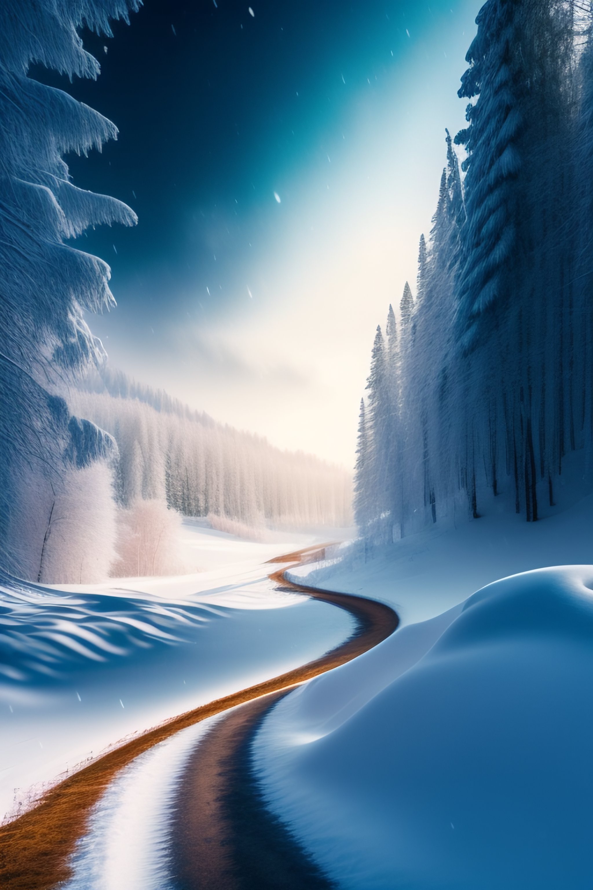 Lexica - Wavy road through a snowy forest. It snows, it's December.