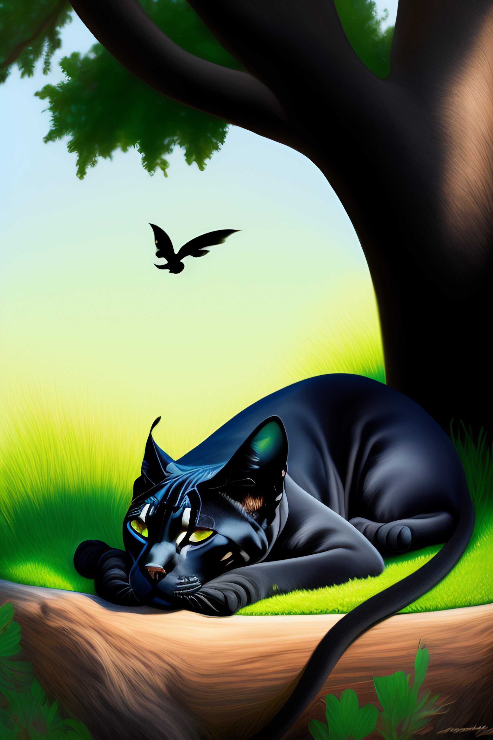 Lexica - Wide angle view from a distance of a black sphinx cat sleeping ...