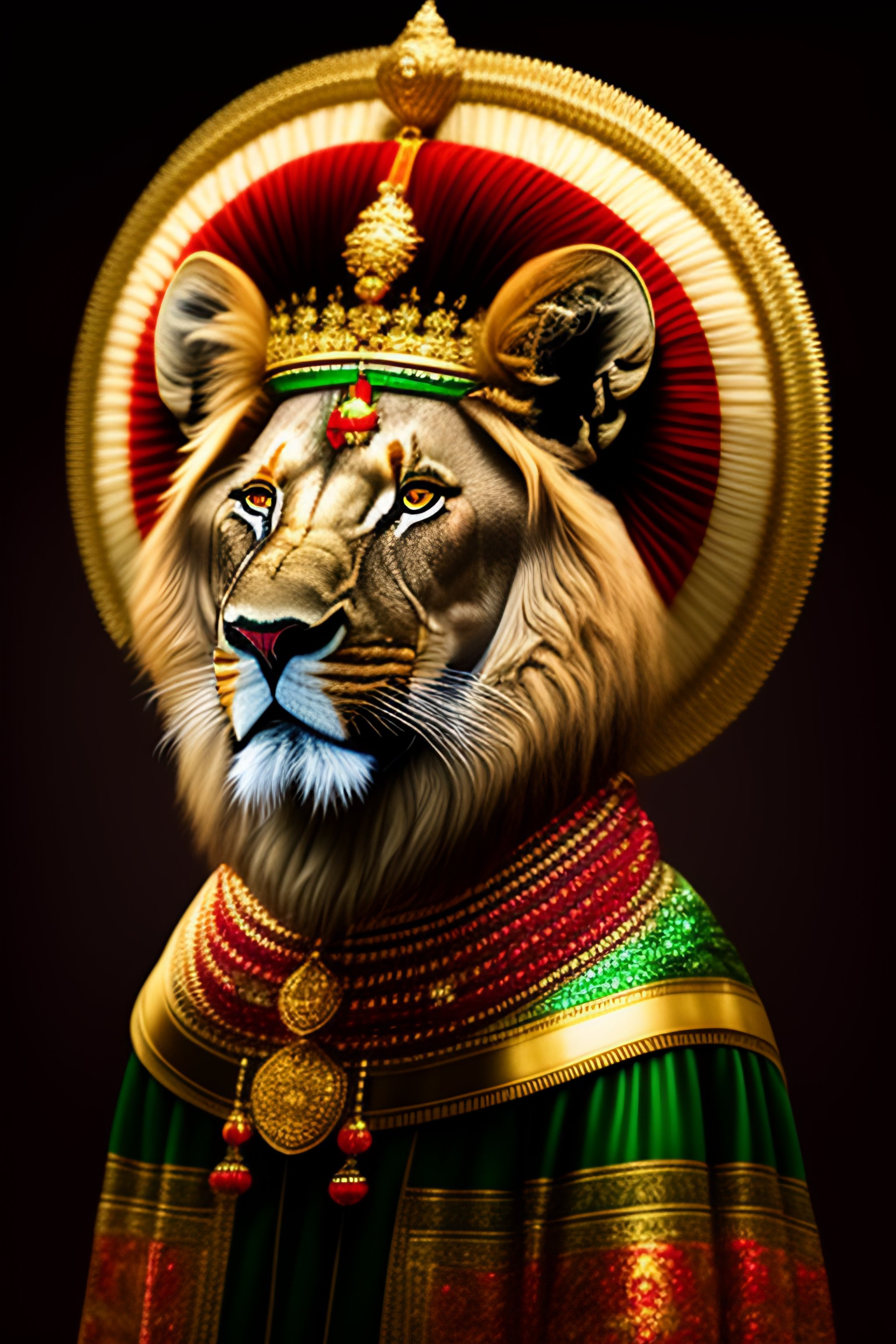 Lexica - Lion head with gold crown, traditional clothes in red and ...