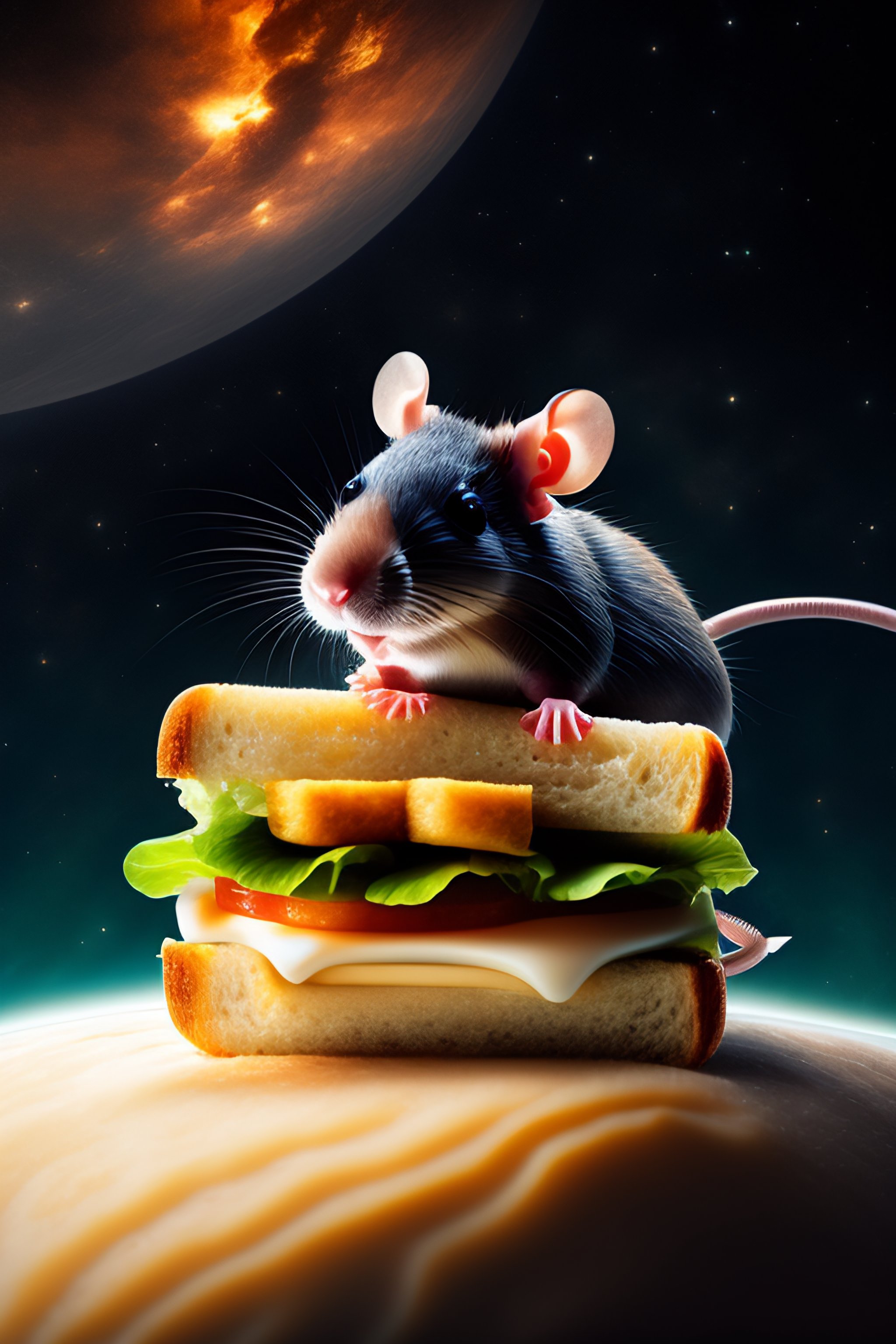Lexica - A rat king in the space with a sandwich