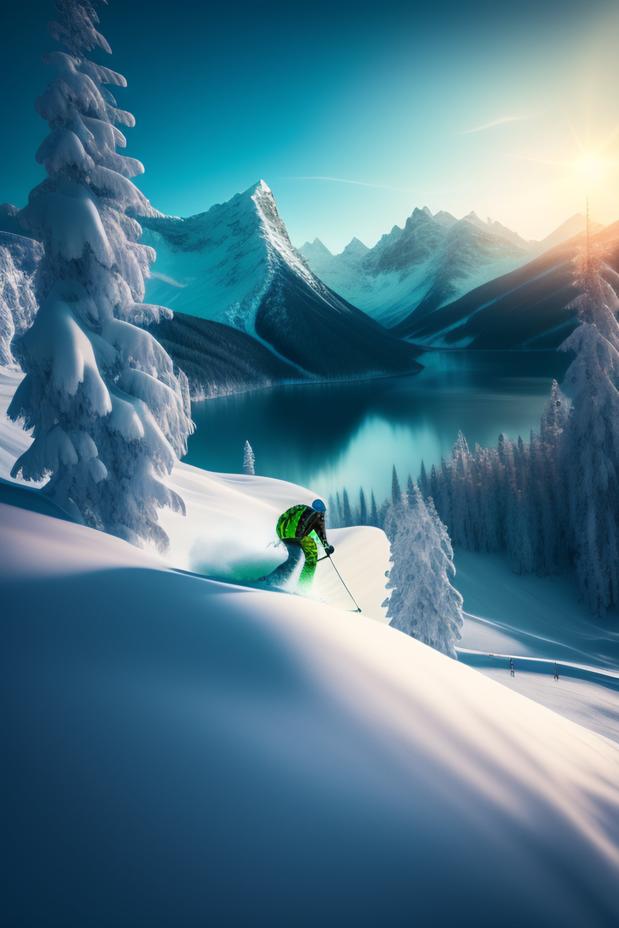 Lexica - Skier on snowy mountains, green forest background, sunny day ...