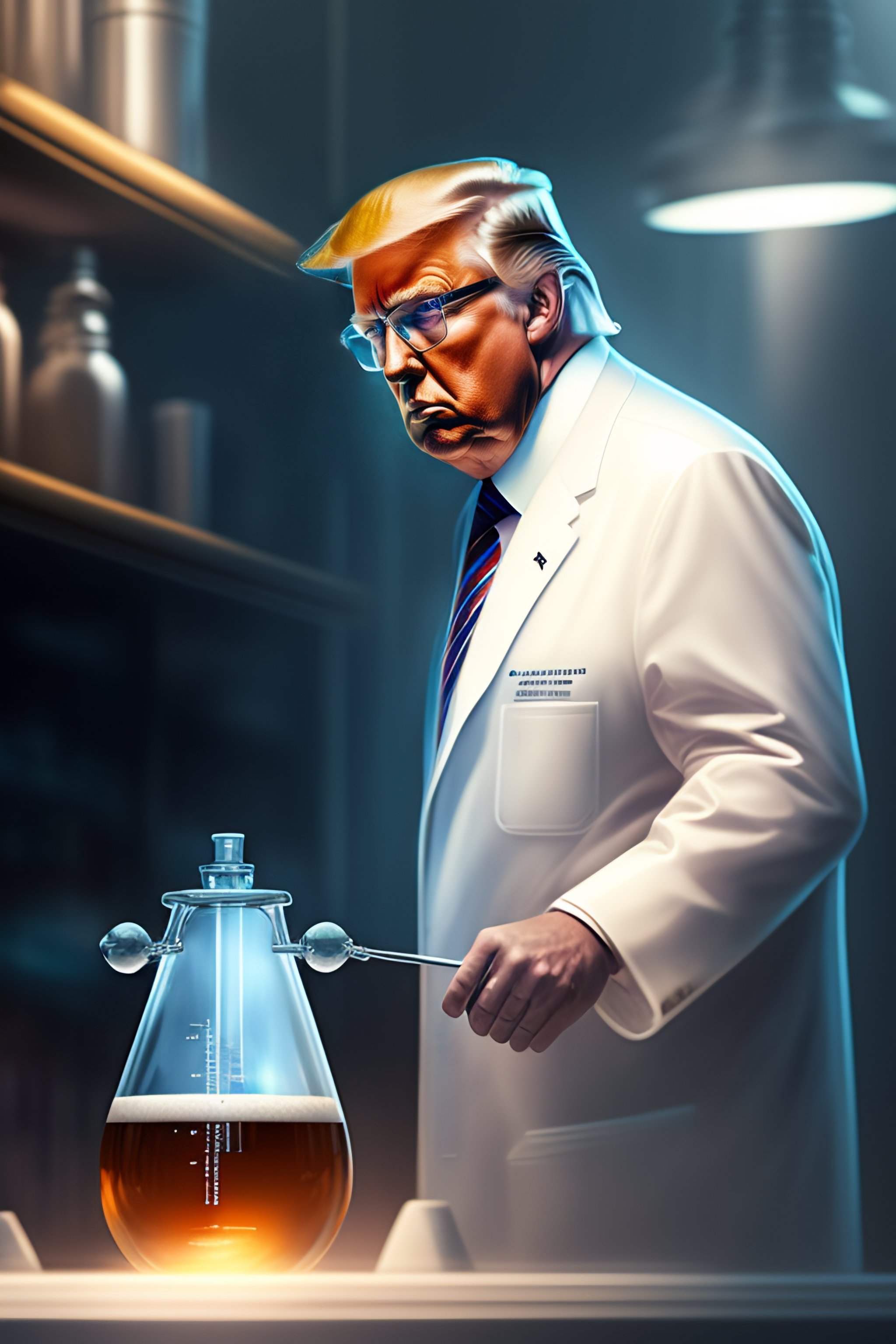 Lexica - Donald Trump holds a ehrlenmeyer flask at eye level, wearing a ...