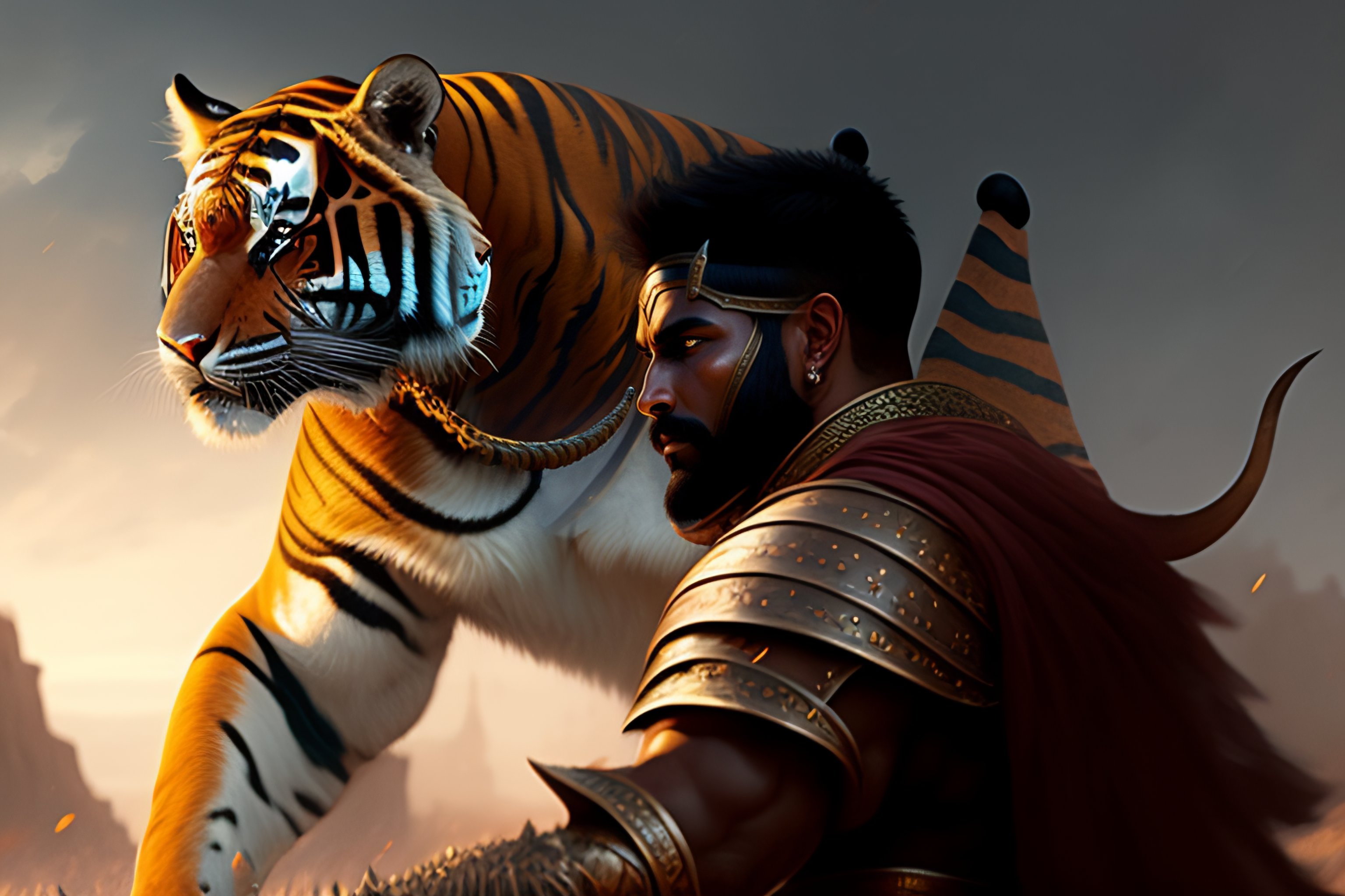Lexica - A gladiator fighting a tiger, greg rutkowski