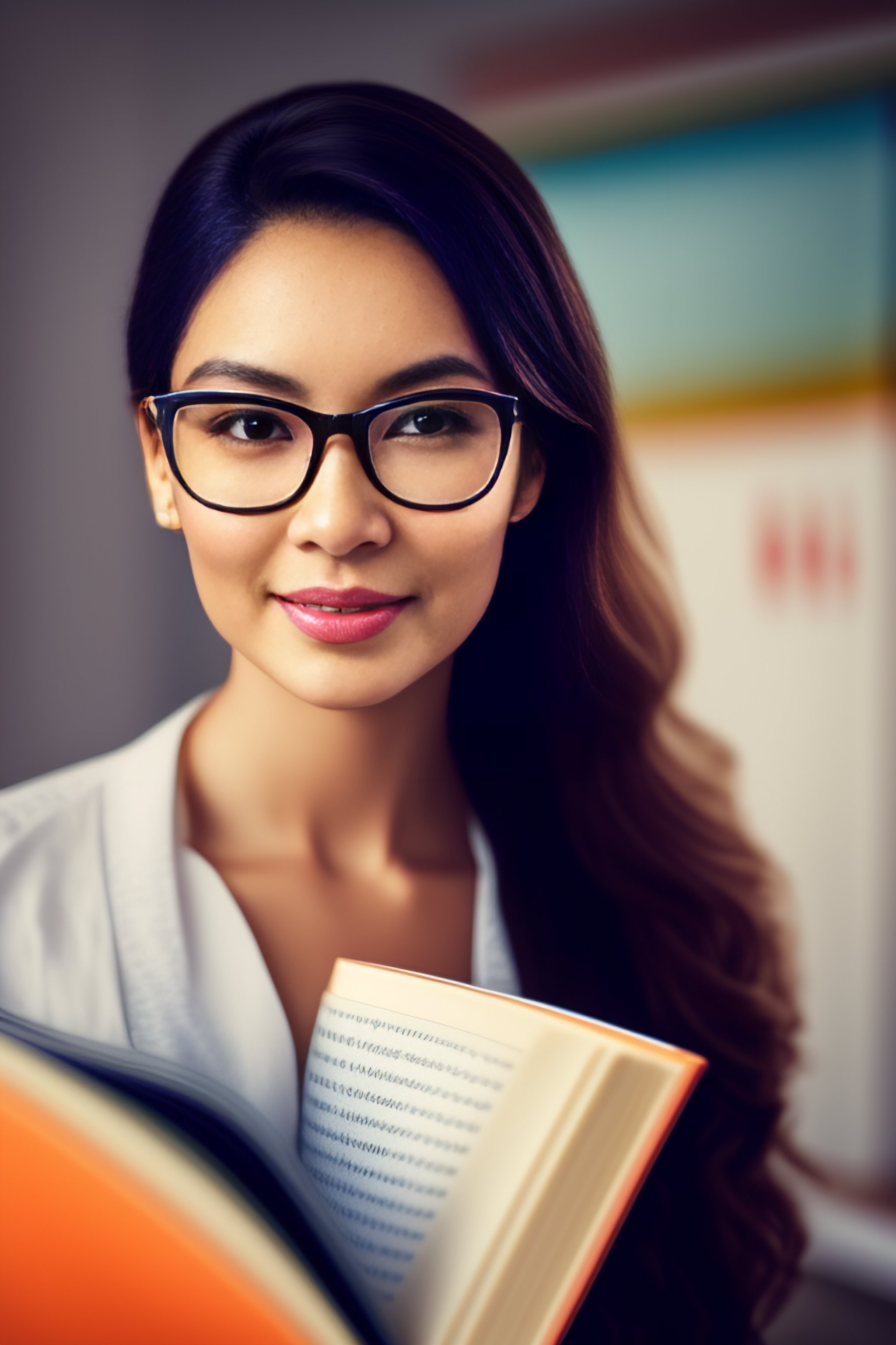 Lexica - A beautiful teacher with glasses is looking at me with a math ...