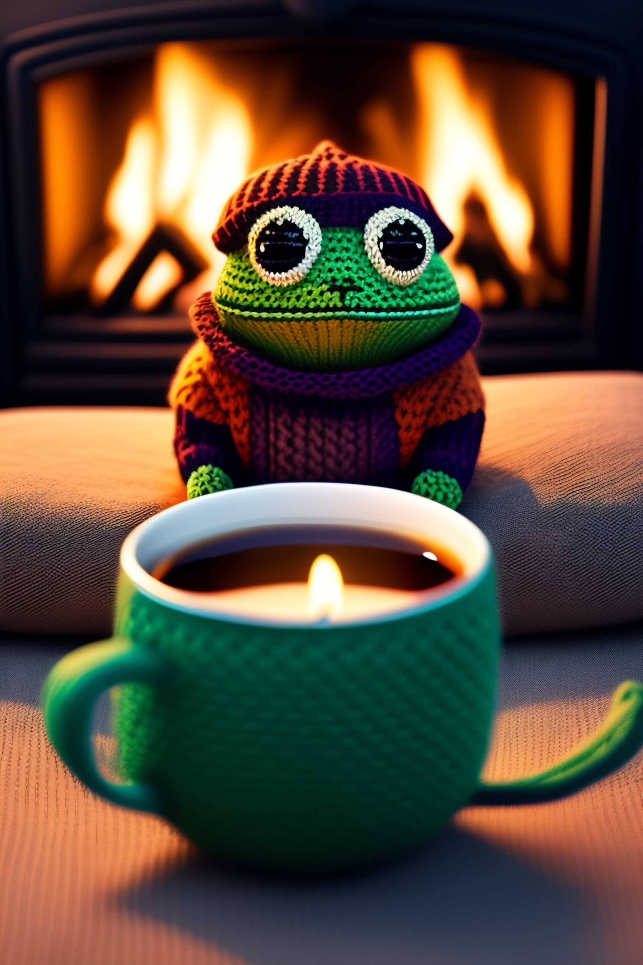 Lexica - A tiny pepe the frog sipping tea wearing a cozy knit sweater ...