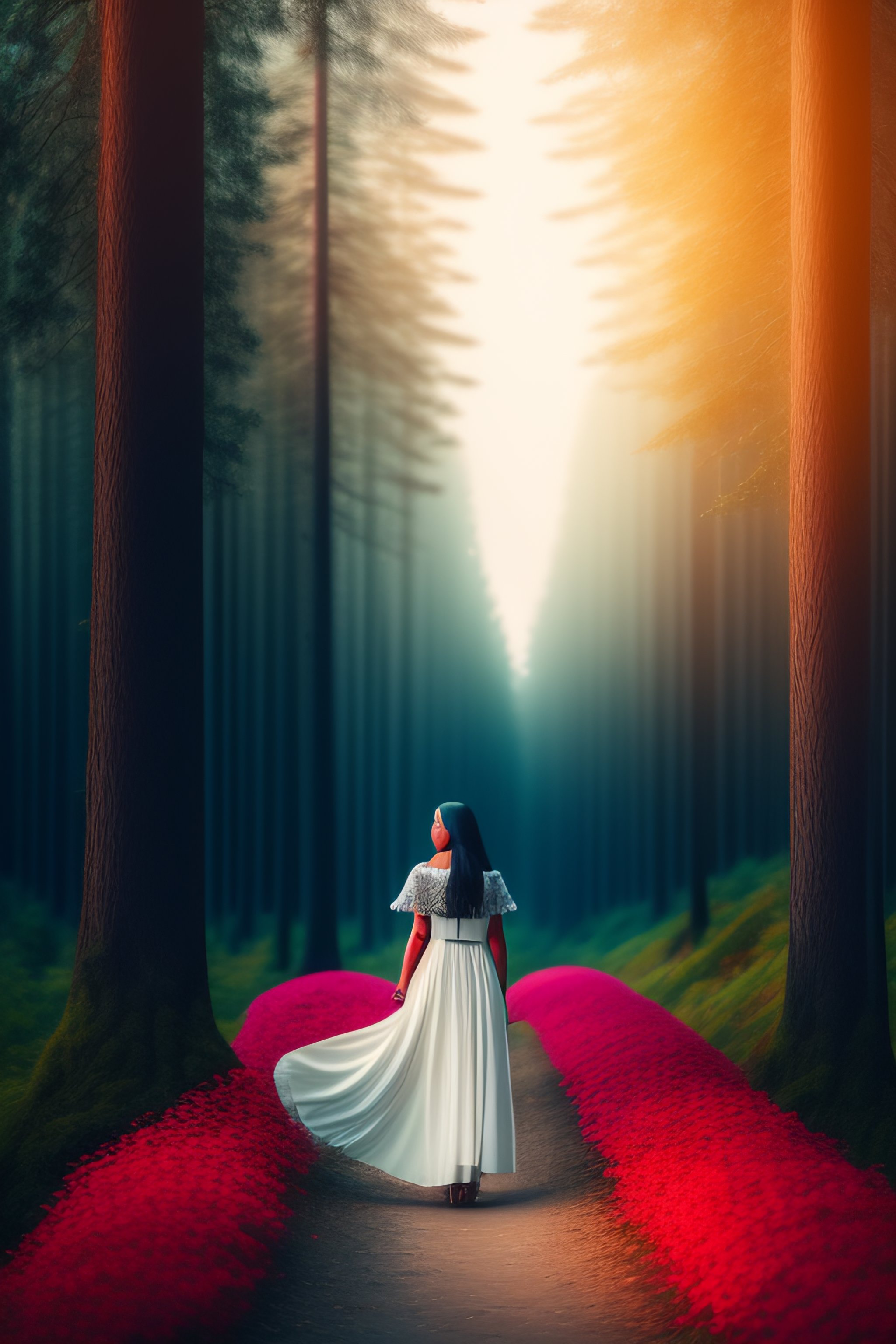 Lexica - Sad girl, forest from a distance, trees, old white dress ...