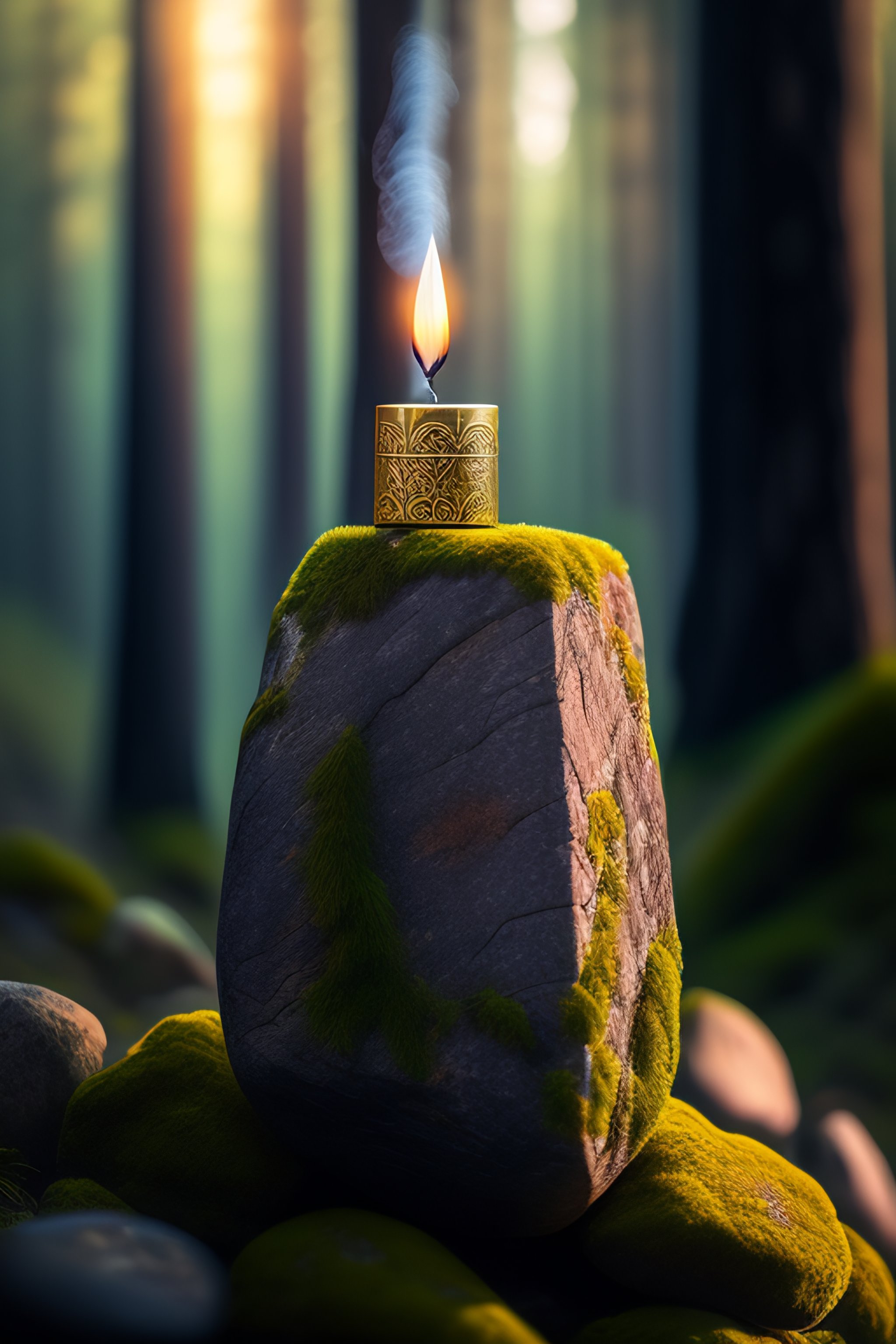 Lexica - An smoking incense stick on a rock in the forest, highly ...