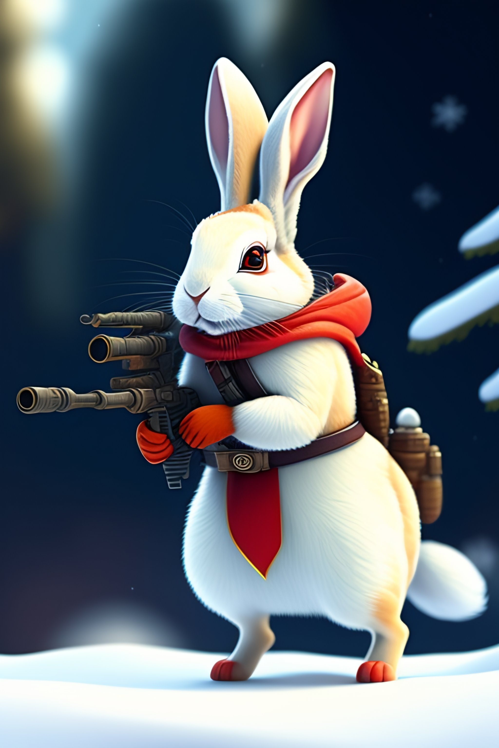 Lexica - A snow-white hare wielding a rocket-launcher from a video game.