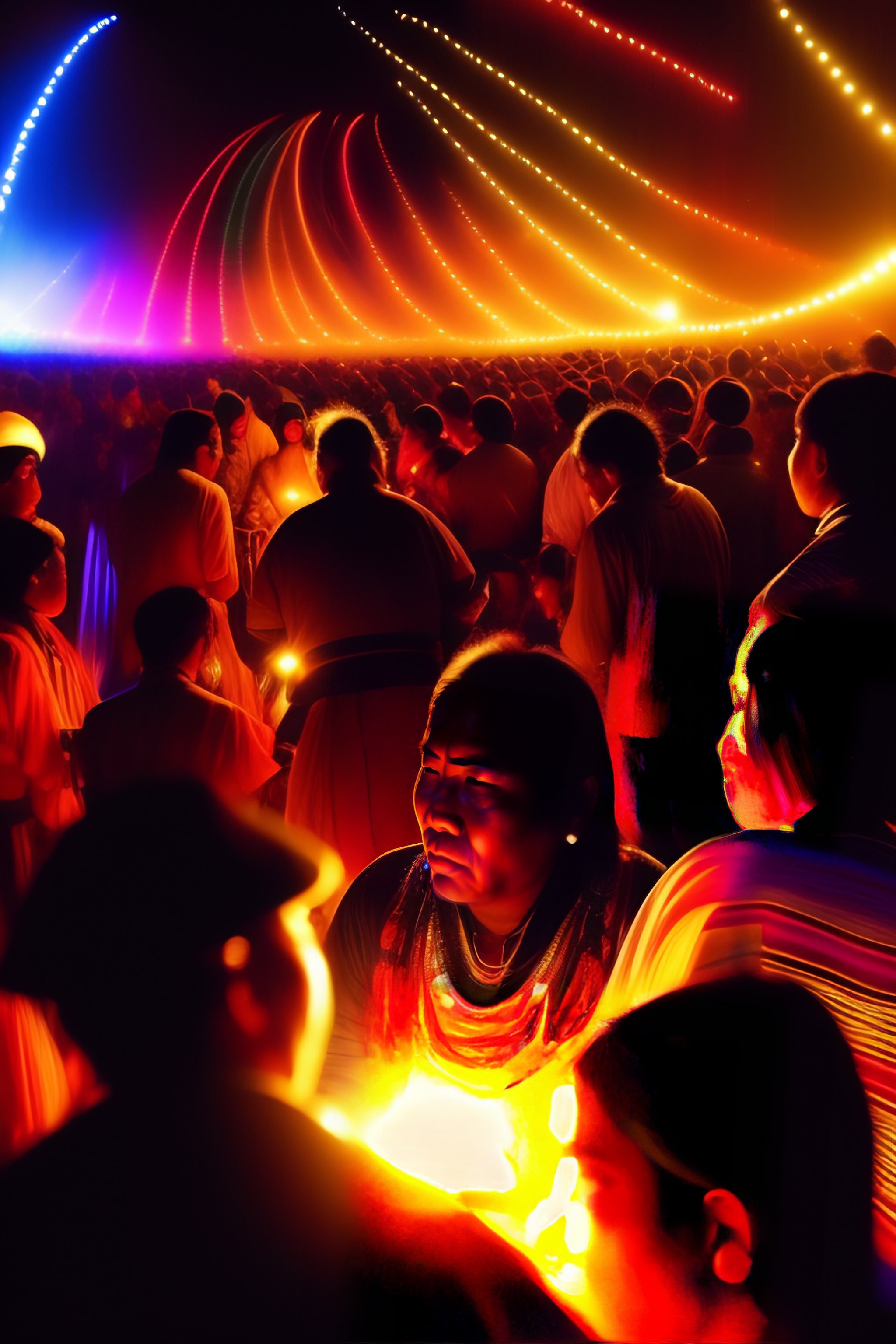 Lexica - Psychedelic. many indigenous people beating drum. Rows of light.