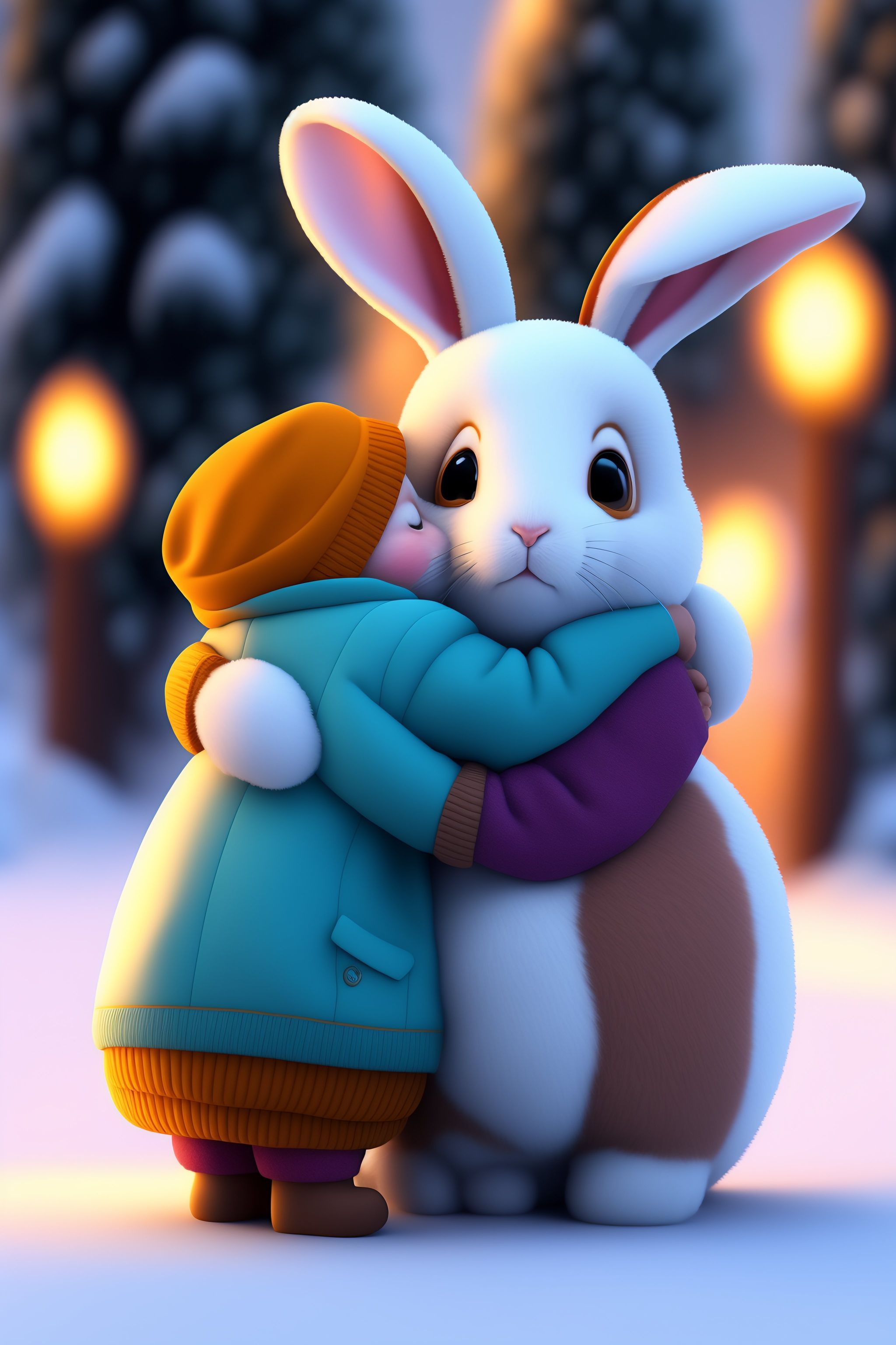 Lexica - Cute bunnies hug everyone cozy village snow, 3D, rendered ...